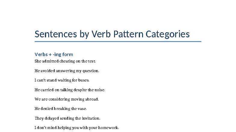 Verb Pattern Categories: Examples and Usage in Sentences - Studocu