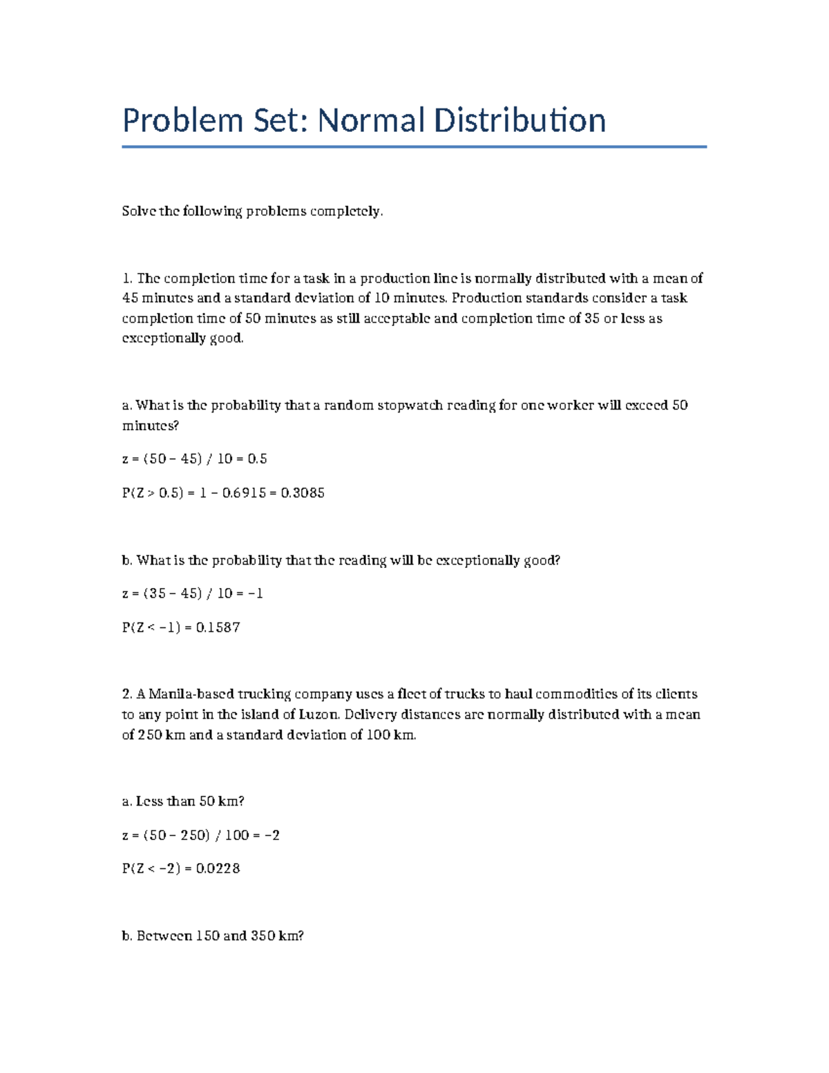 Normal Distribution Problem Set: Statistics & Probability Analysis ...