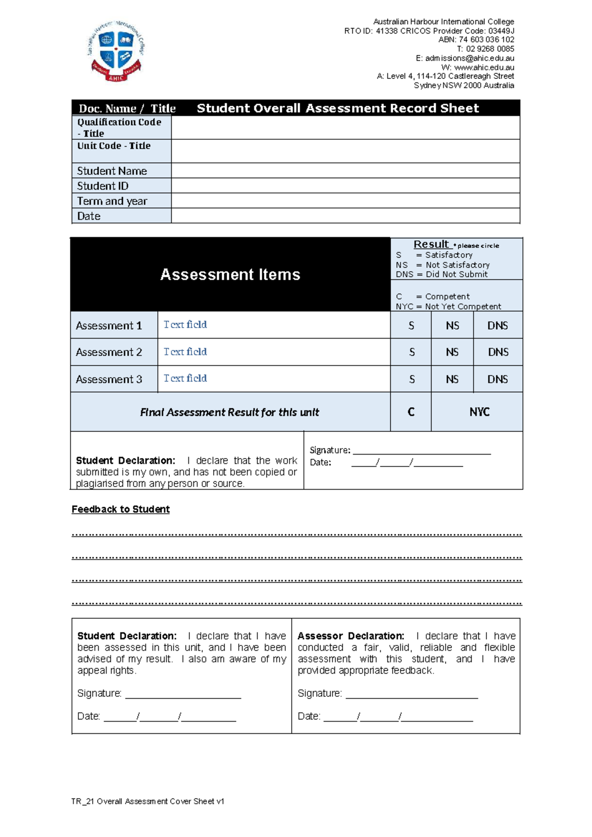 TR 21 Overall Assessment Record Sheet - Australian Harbour College ...