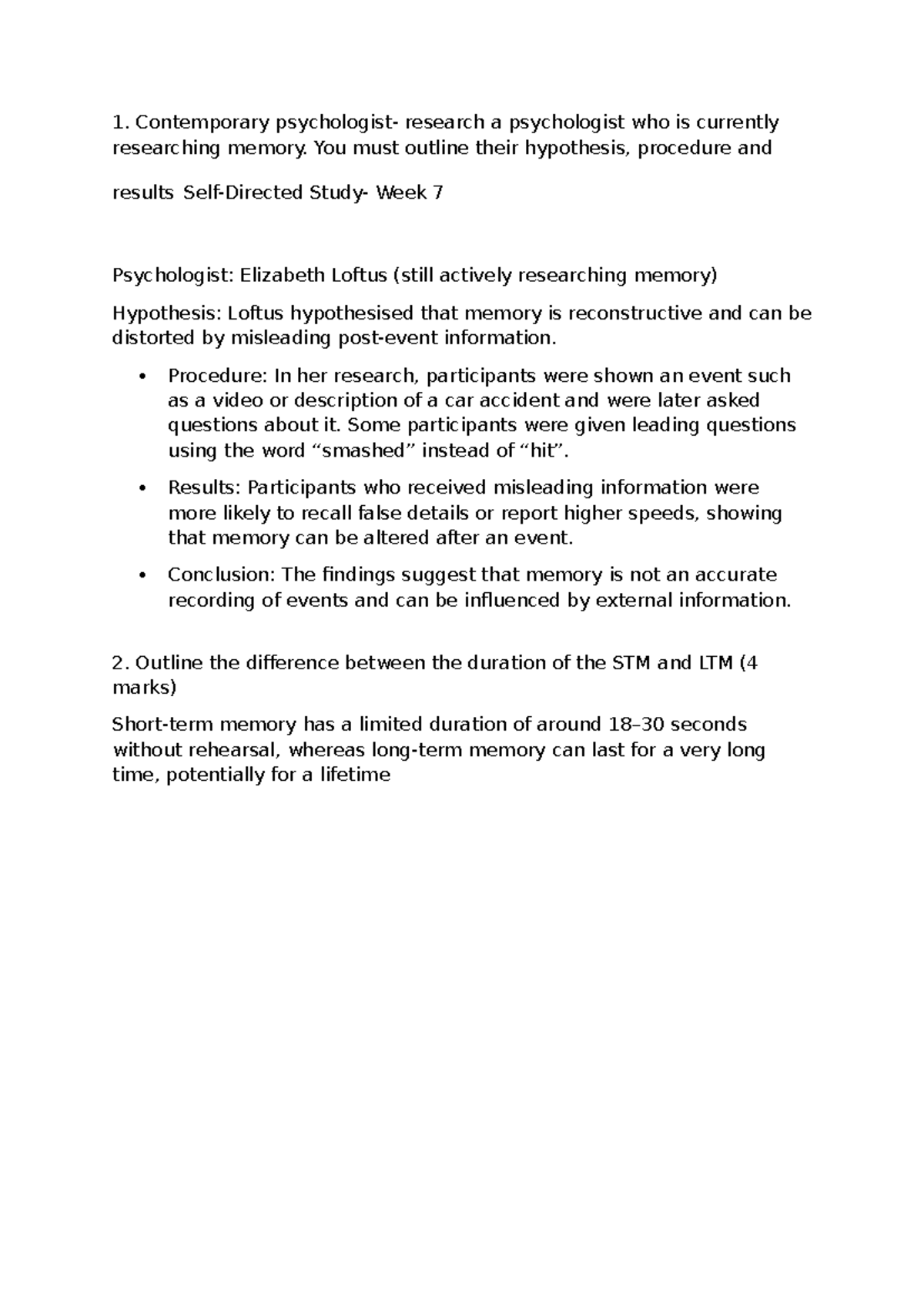 Self-Directed Study: Week 7 - Memory Research by Elizabeth Loftus - Studocu