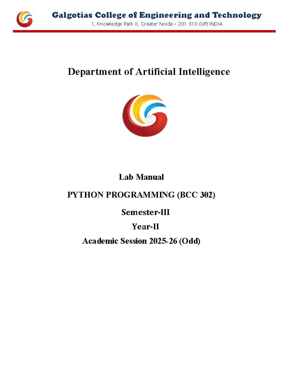 AI Lab Manual: Python Programming (BCC 302) - Experiments & Outcomes - Studocu
