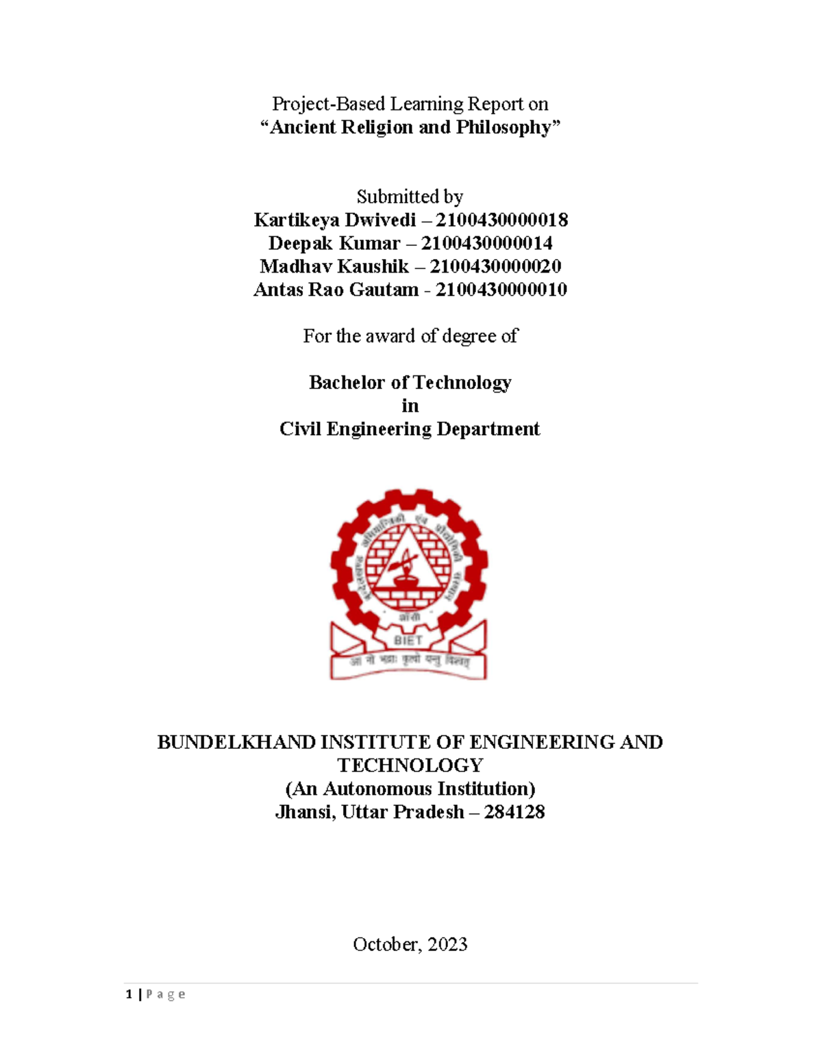 ITC PBL - Project-Based Learning Report on “Ancient Religion and Philosophy” Submitted by ...