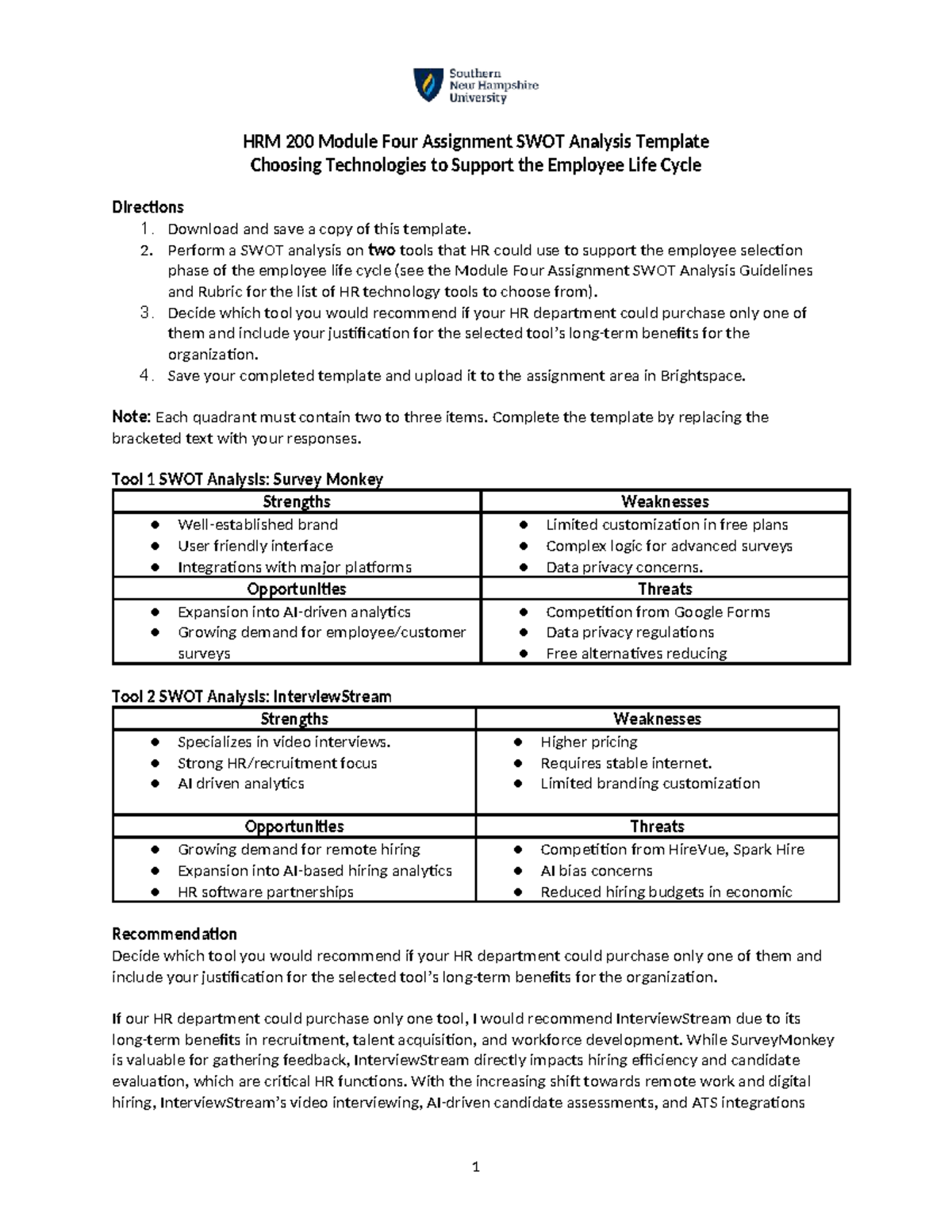 HRM-200 Module Four SWOT Analysis of HR Tech Tools: InterviewStream vs ...