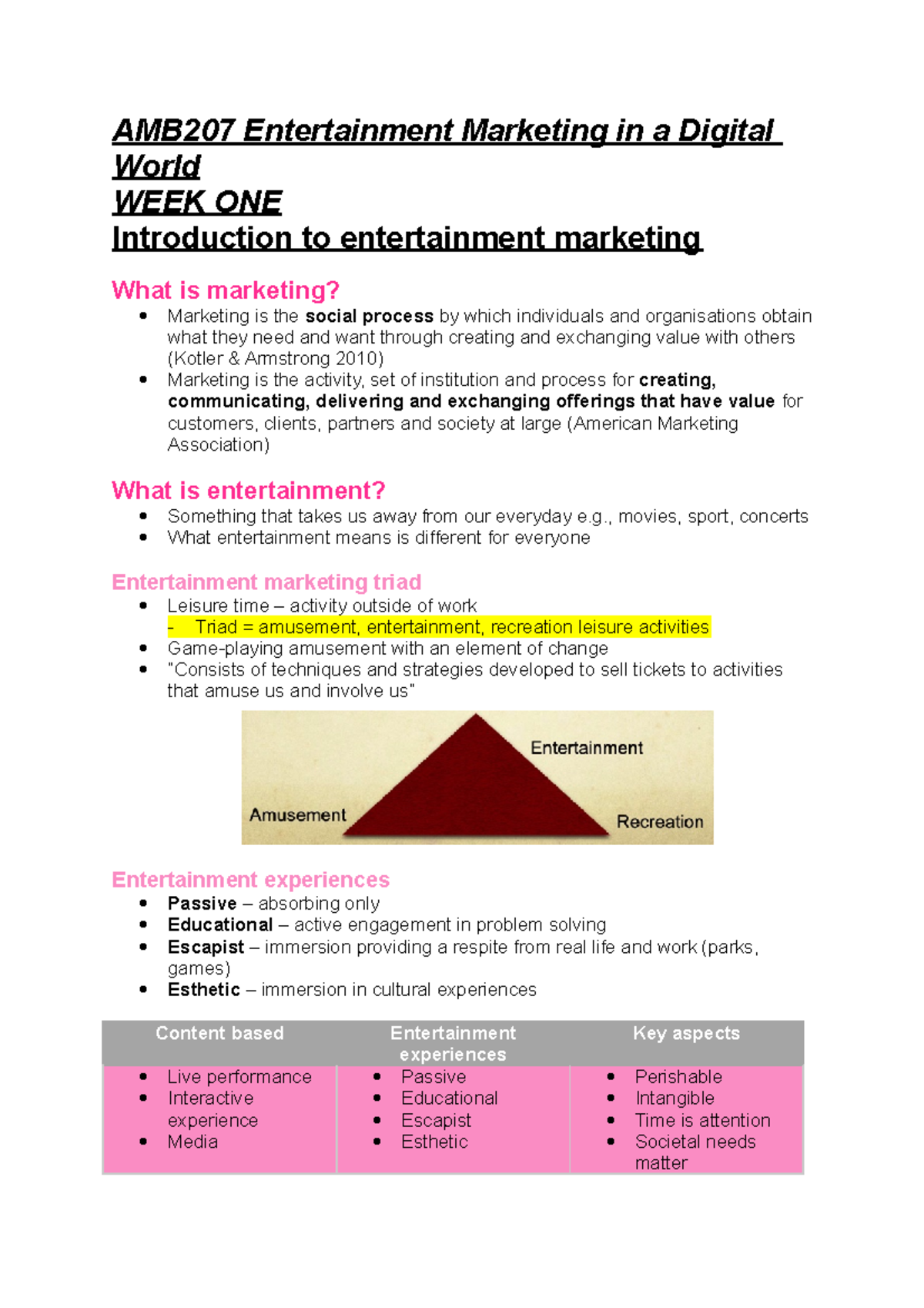 Lecture 1 - Intro to entertainment marketing - AMB207 Entertainment ...