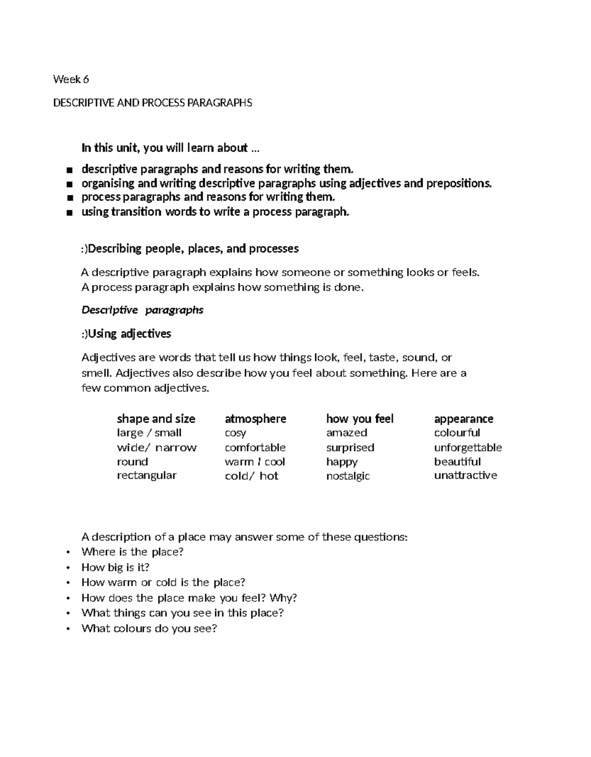Week 6: Descriptive & Process Paragraphs Overview - Studocu