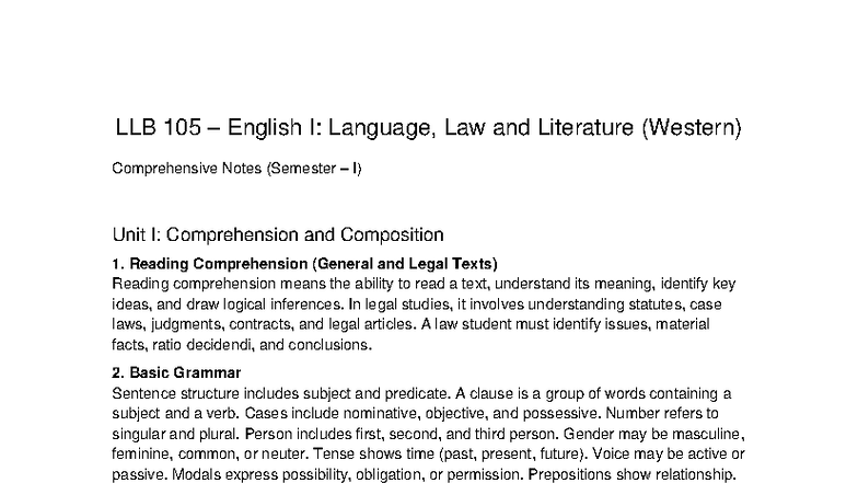 LLB 105 English I: Comprehensive Notes on Language, Law & Literature ...