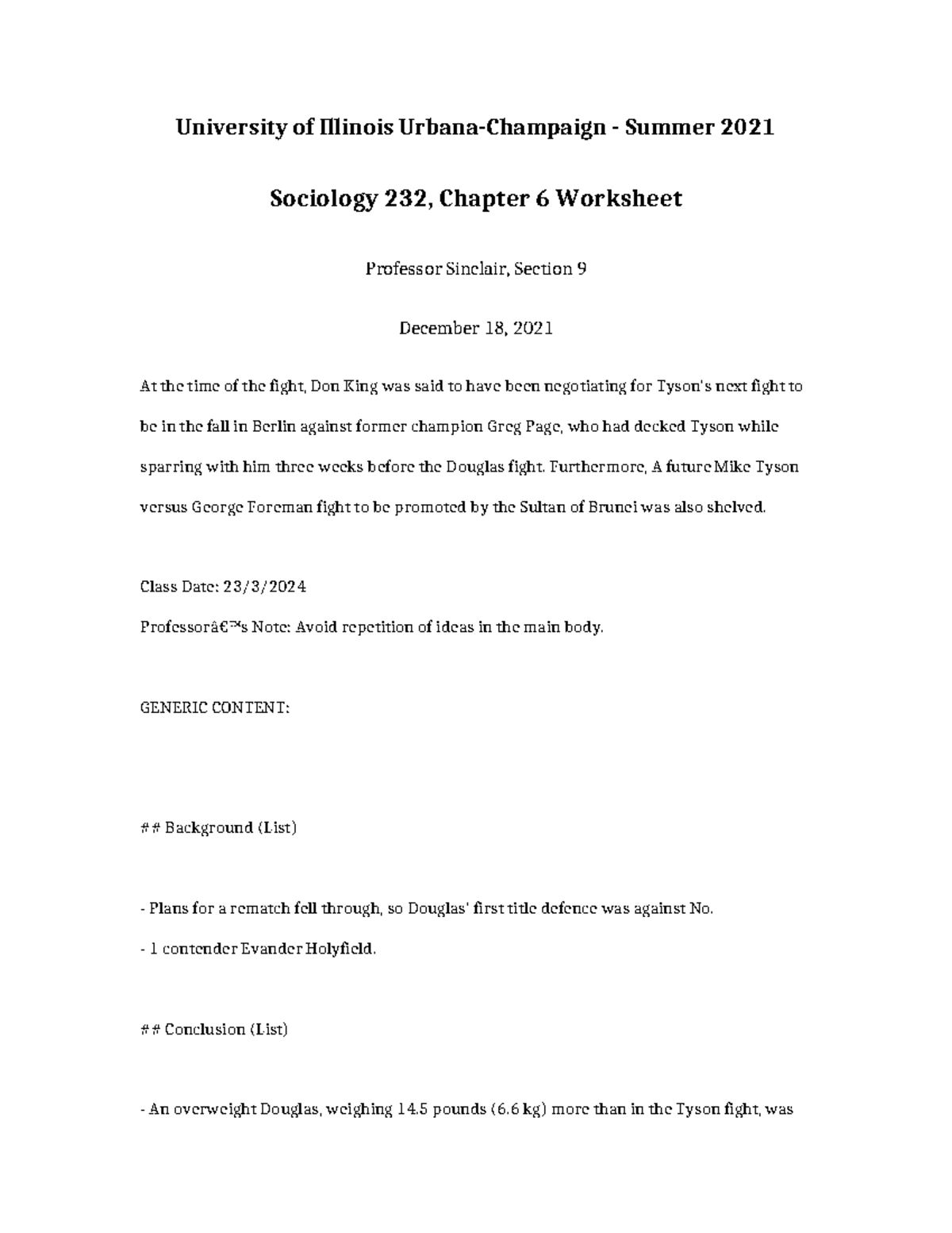 Sociology 232, Chapter 6 Worksheet: Mike Tyson and Buster Douglas ...