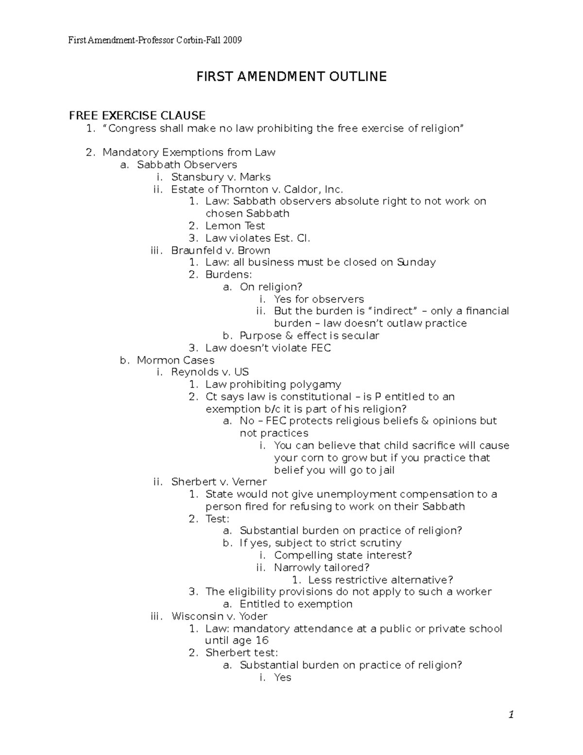 1st Amendment Overview: Free Exercise & Establishment Clauses - Studocu