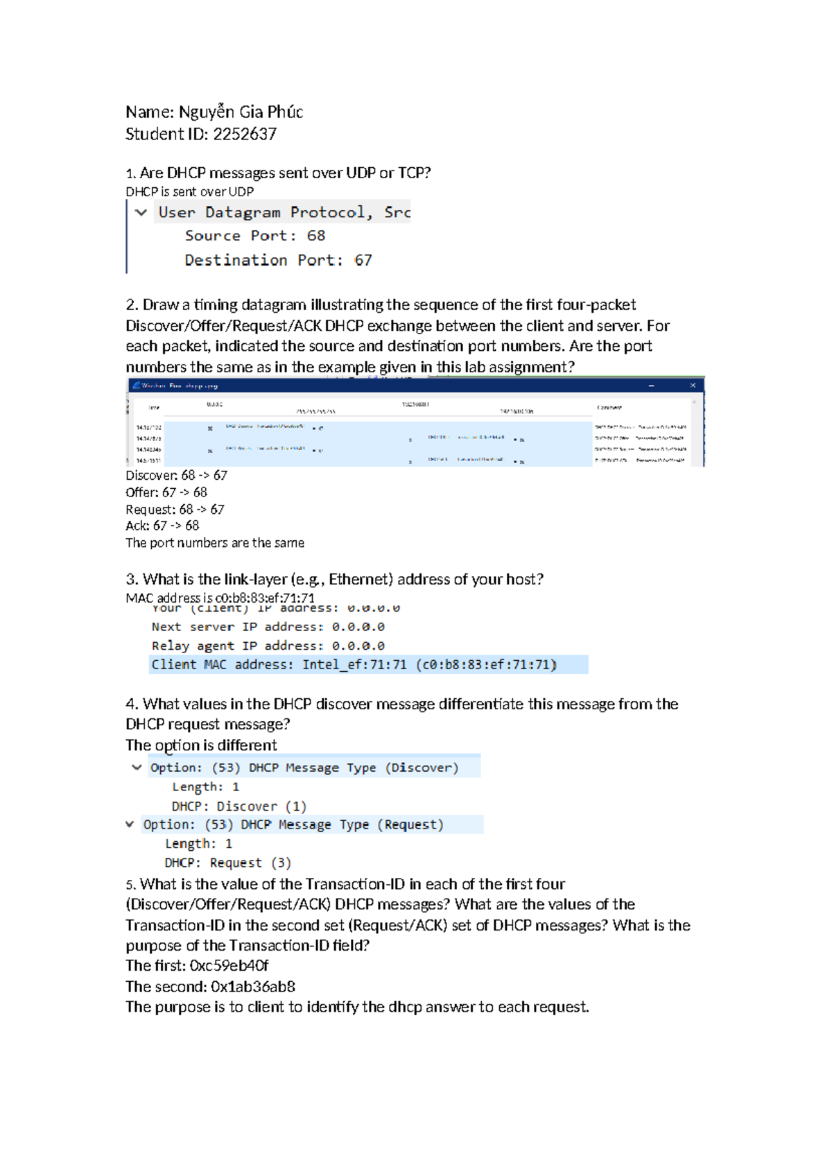 5b Computer Networks (CO3093) - Name: Nguyễn Gia Phúc Student ID: 2252637 1. Are DHCP messages ...