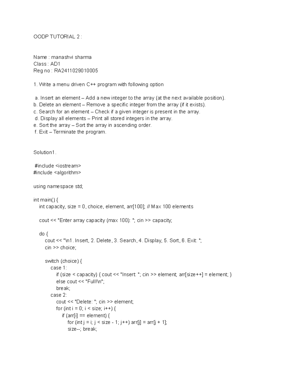 Manashvi sharma oodp tutorial 2 - OODP TUTORIAL 2 : Name : manashvi ...