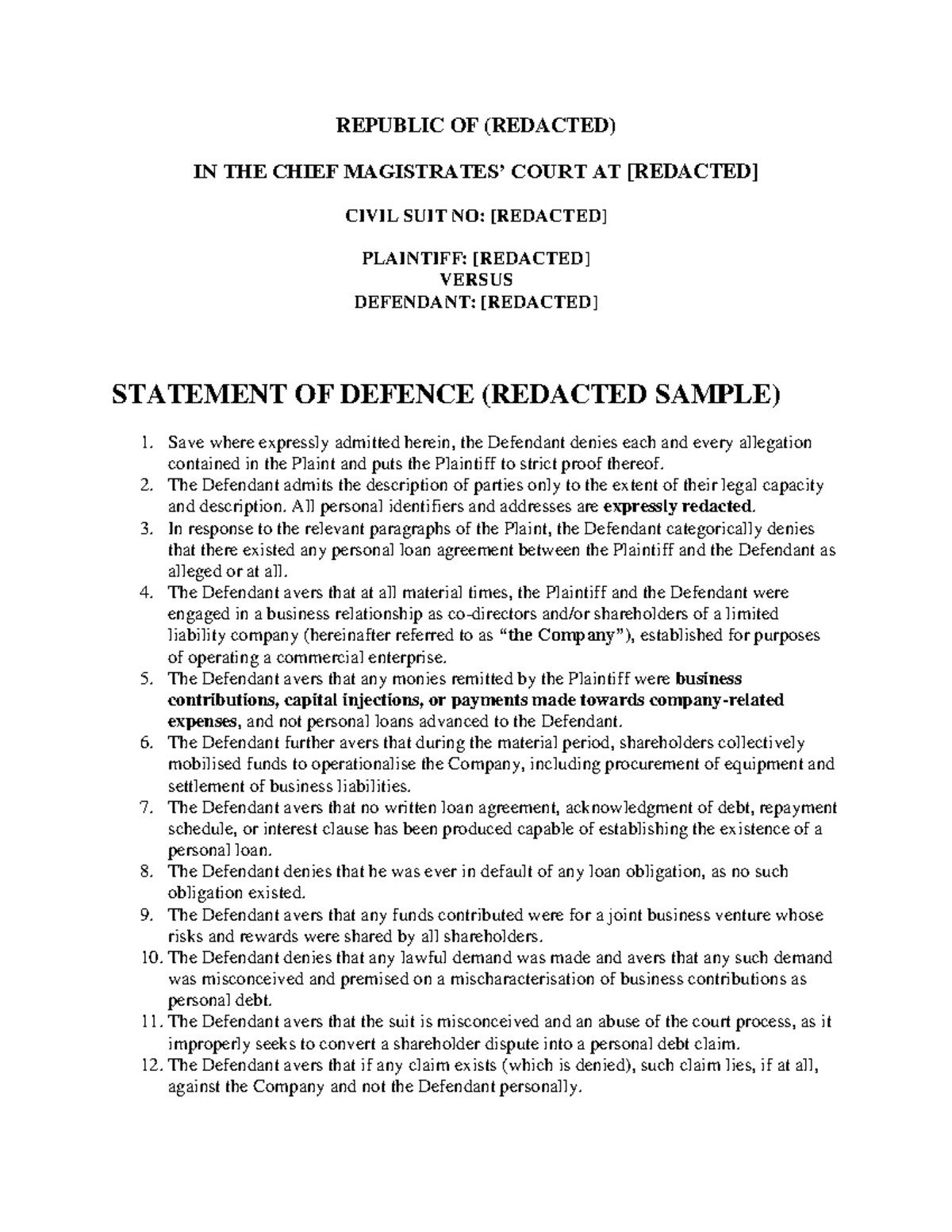 Statement of Defence in Civil Suit No: (REDACTED) - Studocu