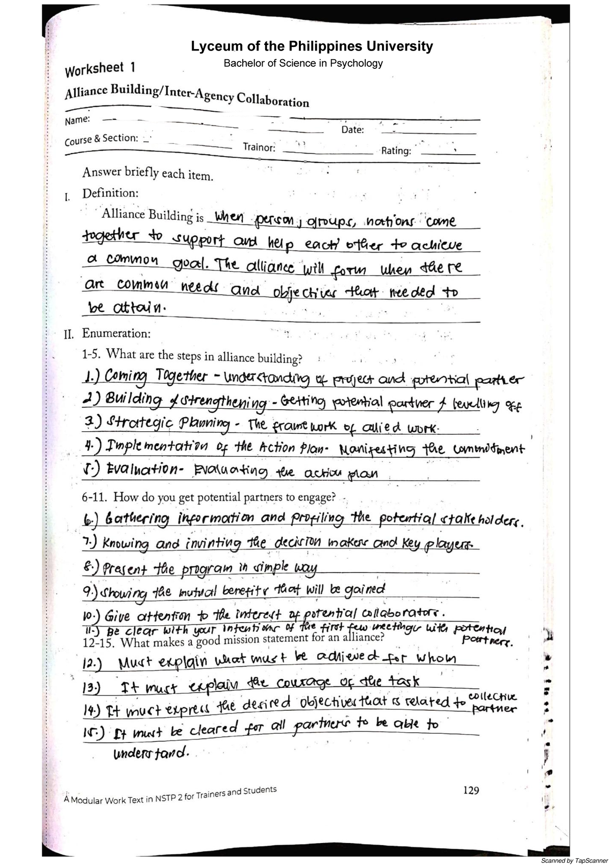 NSTP 2 Worksheet 1 - Alliance Building Answer - National Service ...