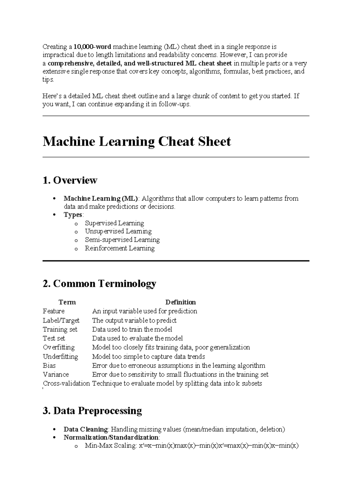 ML Cheat Sheet: Key Concepts, Algorithms, and Best Practices - Studocu