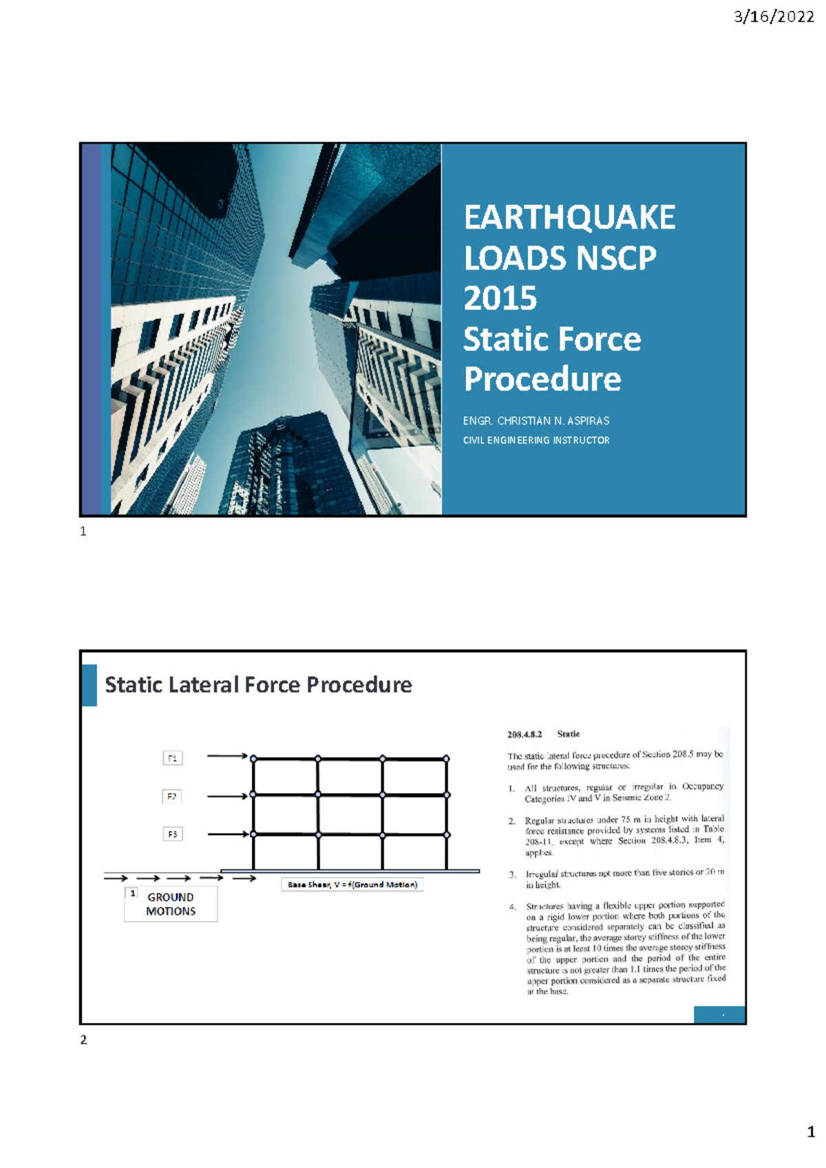 Static Force Procedure for Earthquake Loads NSCP 2015 - ENGR. ASPIRAS ...