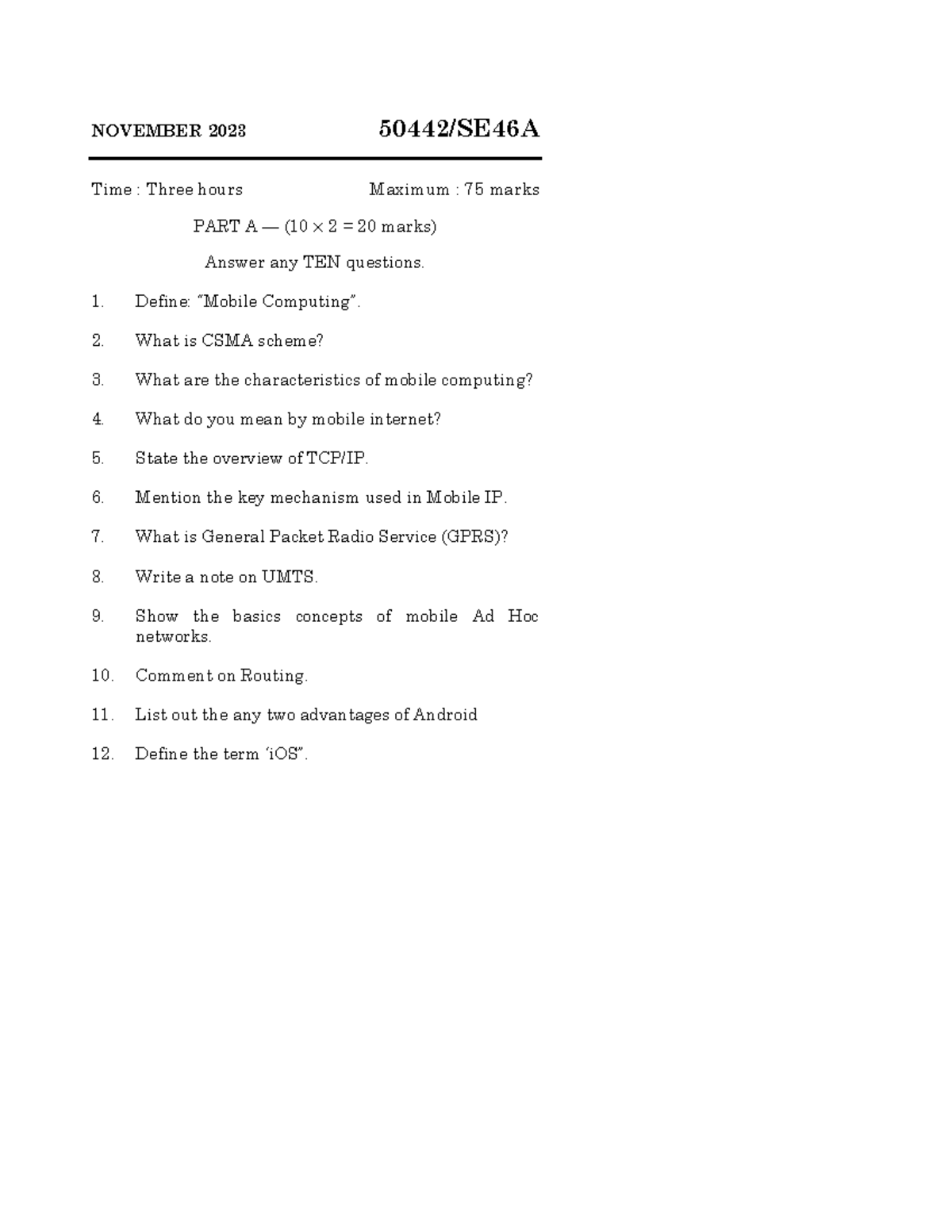 NOV-2023 SE46A - Key Concepts for Mobile Computing Exam Preparation ...