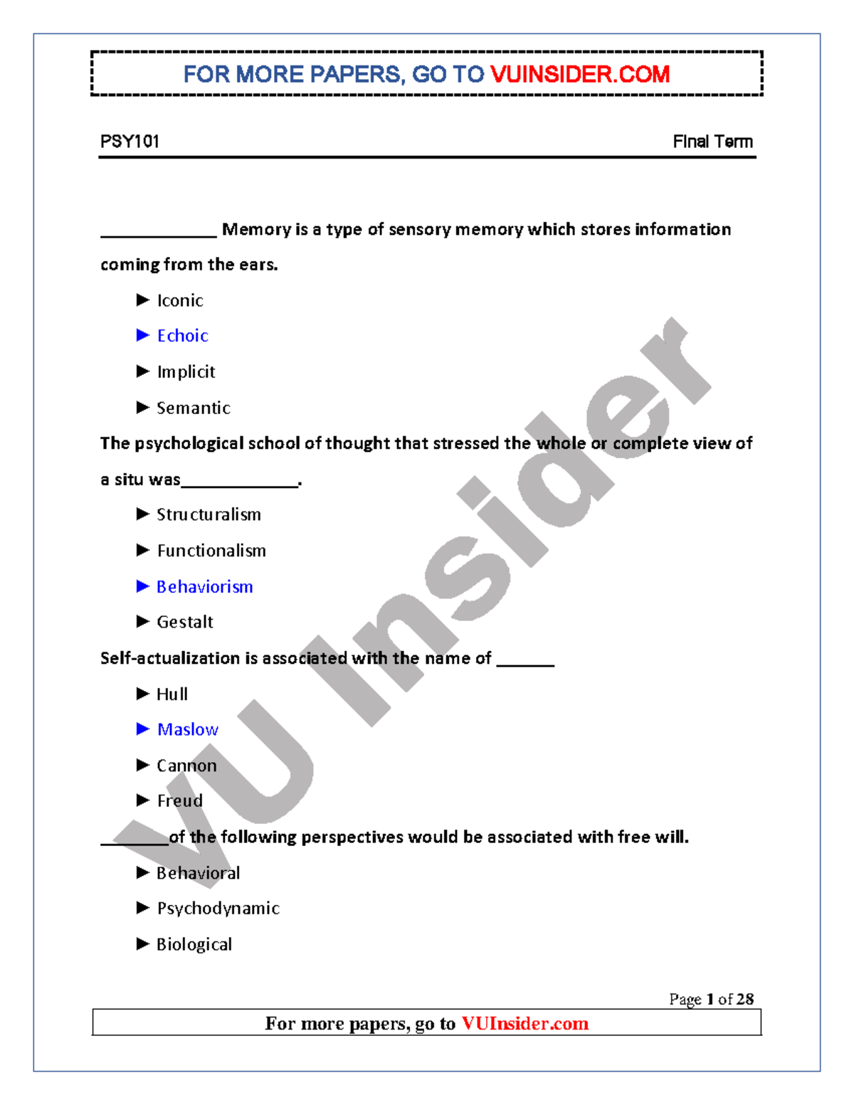 PSY101 Final Term Past Papers Compilation and Review Guide - Studocu