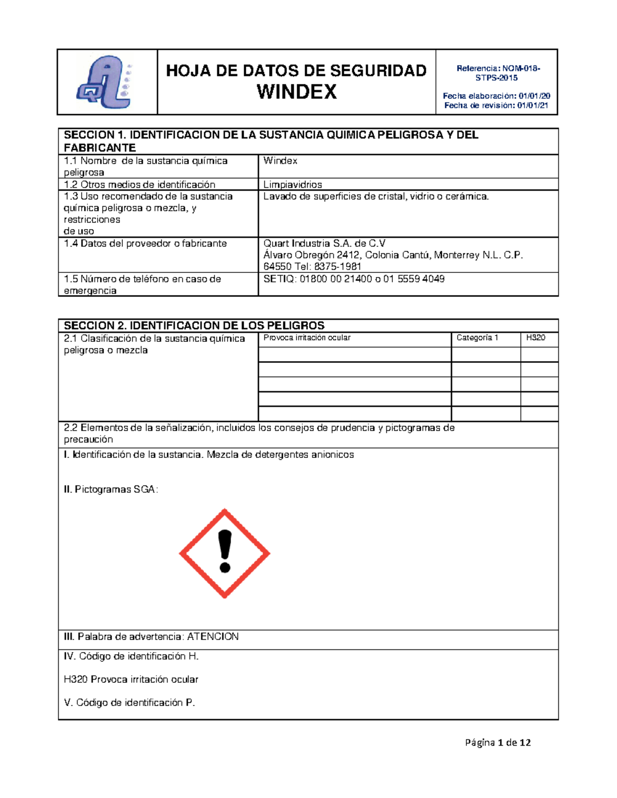 HDS Windex - Hoja de Datos de Seguridad STPS 2015 - Studocu