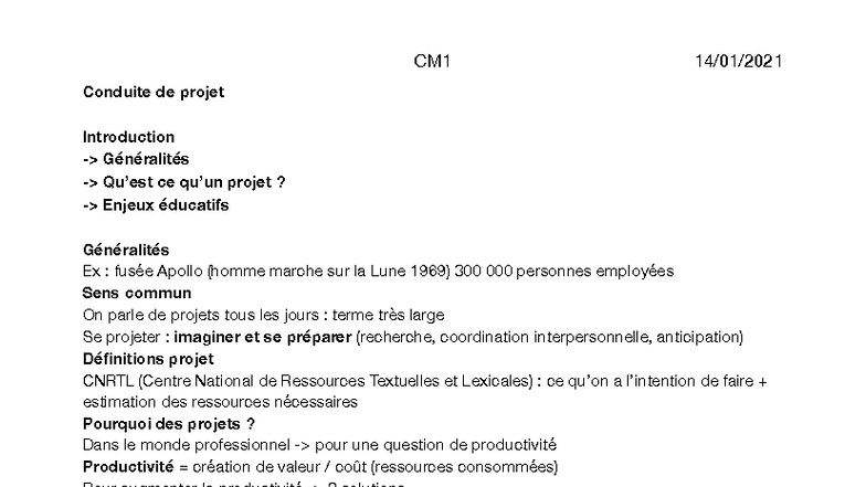 CM1 Conduite de Projet : Introduction et Enjeux Éducatifs - Studocu