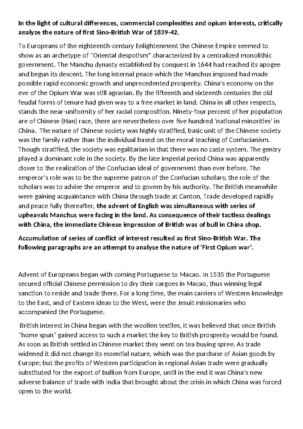 China document - Opium War - In the light of cultural differences ...