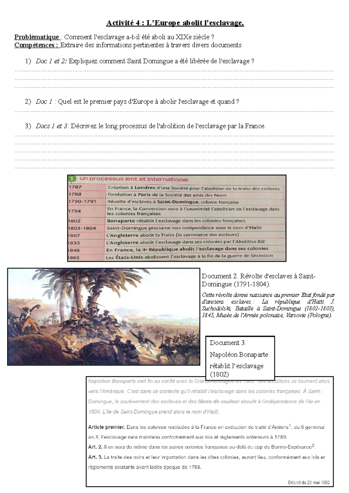 Activité 4 - L'abolition de l'esclavage en Europe au XIXe siècle - Studocu