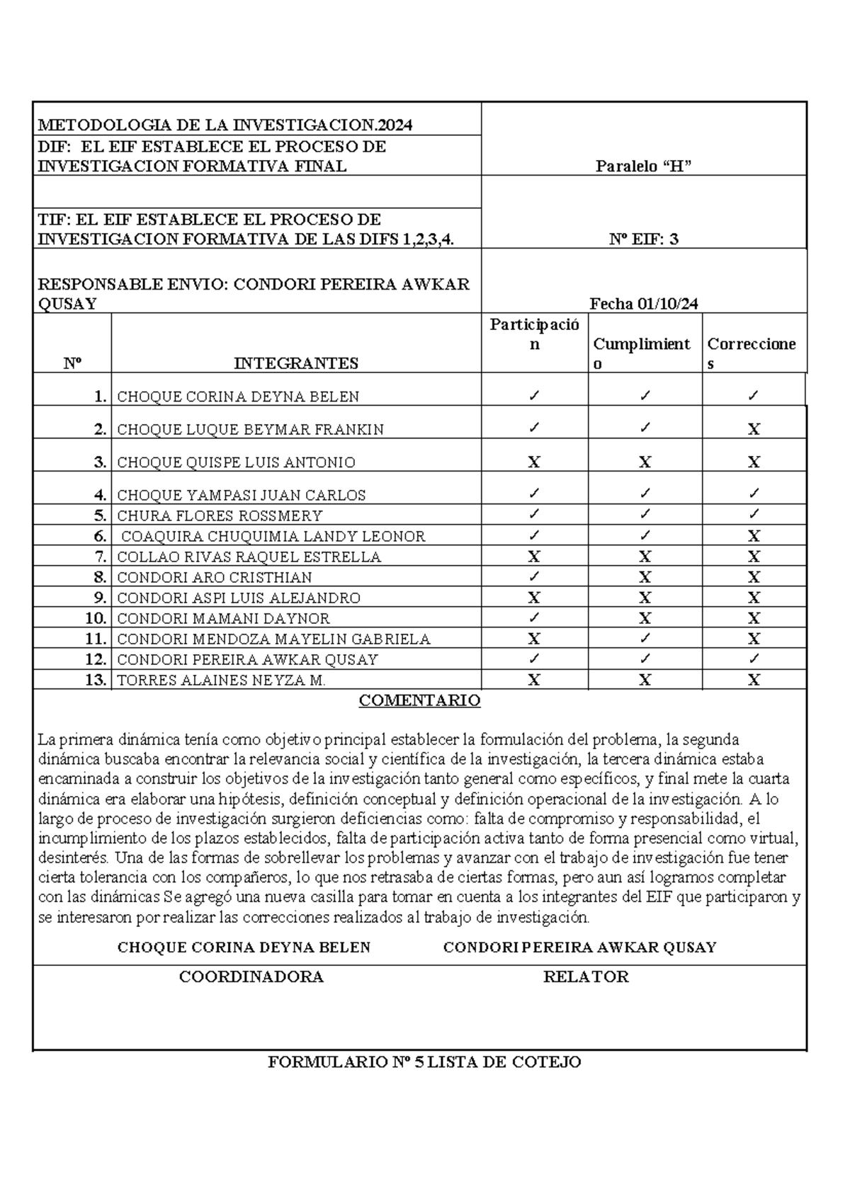 Cotejo DIF. N°5 EIF-N°3 - Informe Final - METODOLOGIA DE LA ...