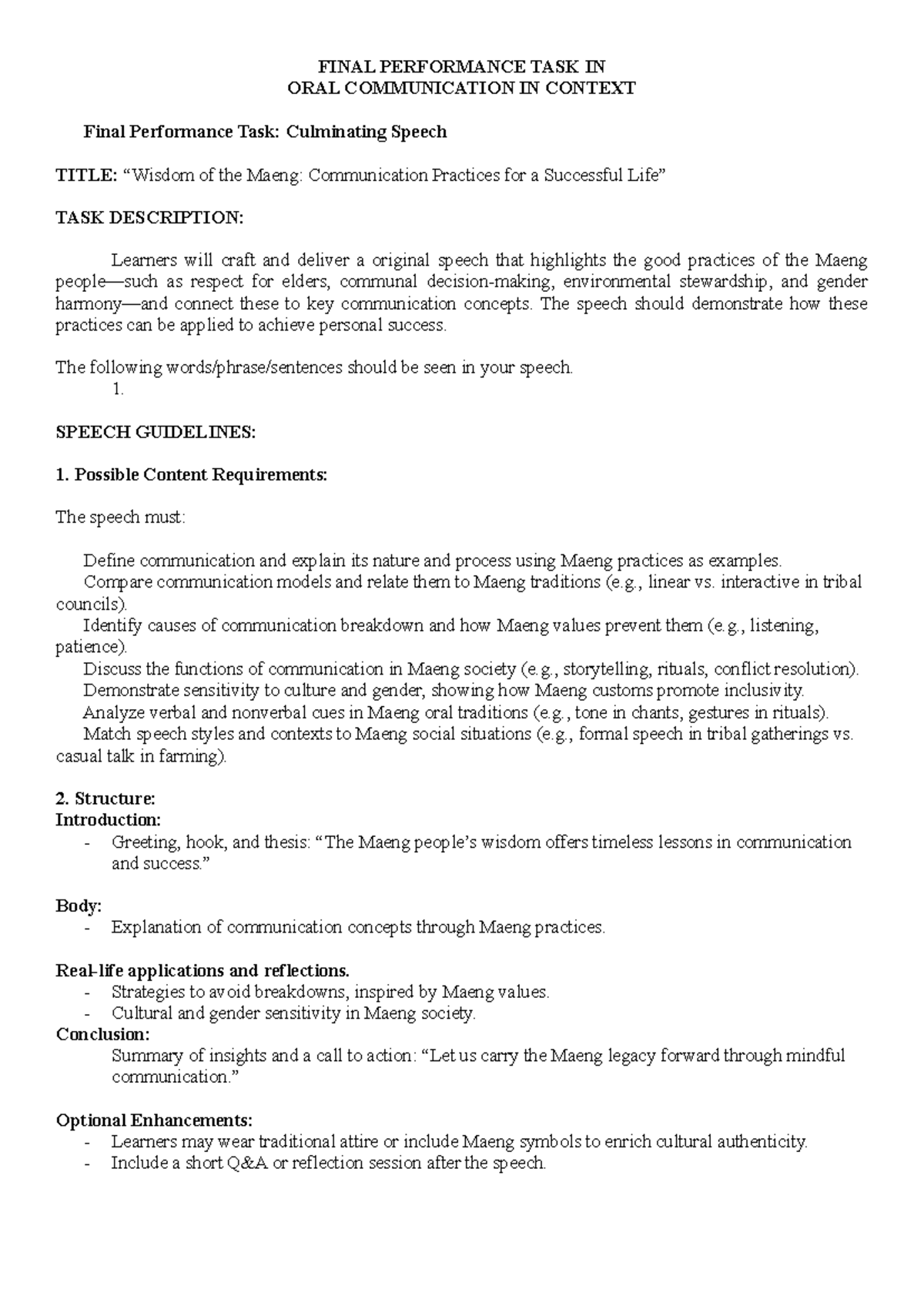 FINAL PERFORMANCE TASK: Maeng Communication Practices in Context - Studocu