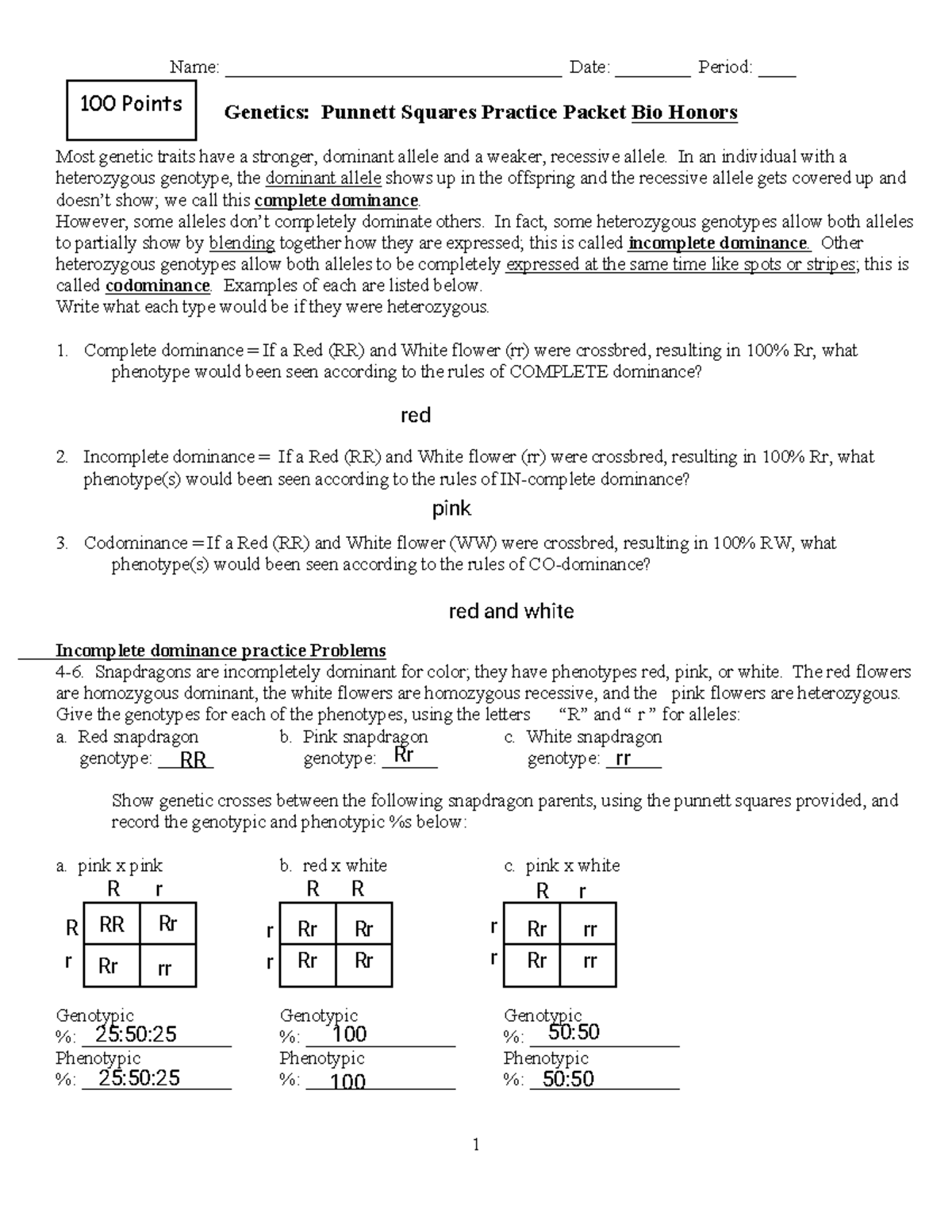 Honors Bio: Punnett Squares Practice Packet for Genetics Concepts - Studocu
