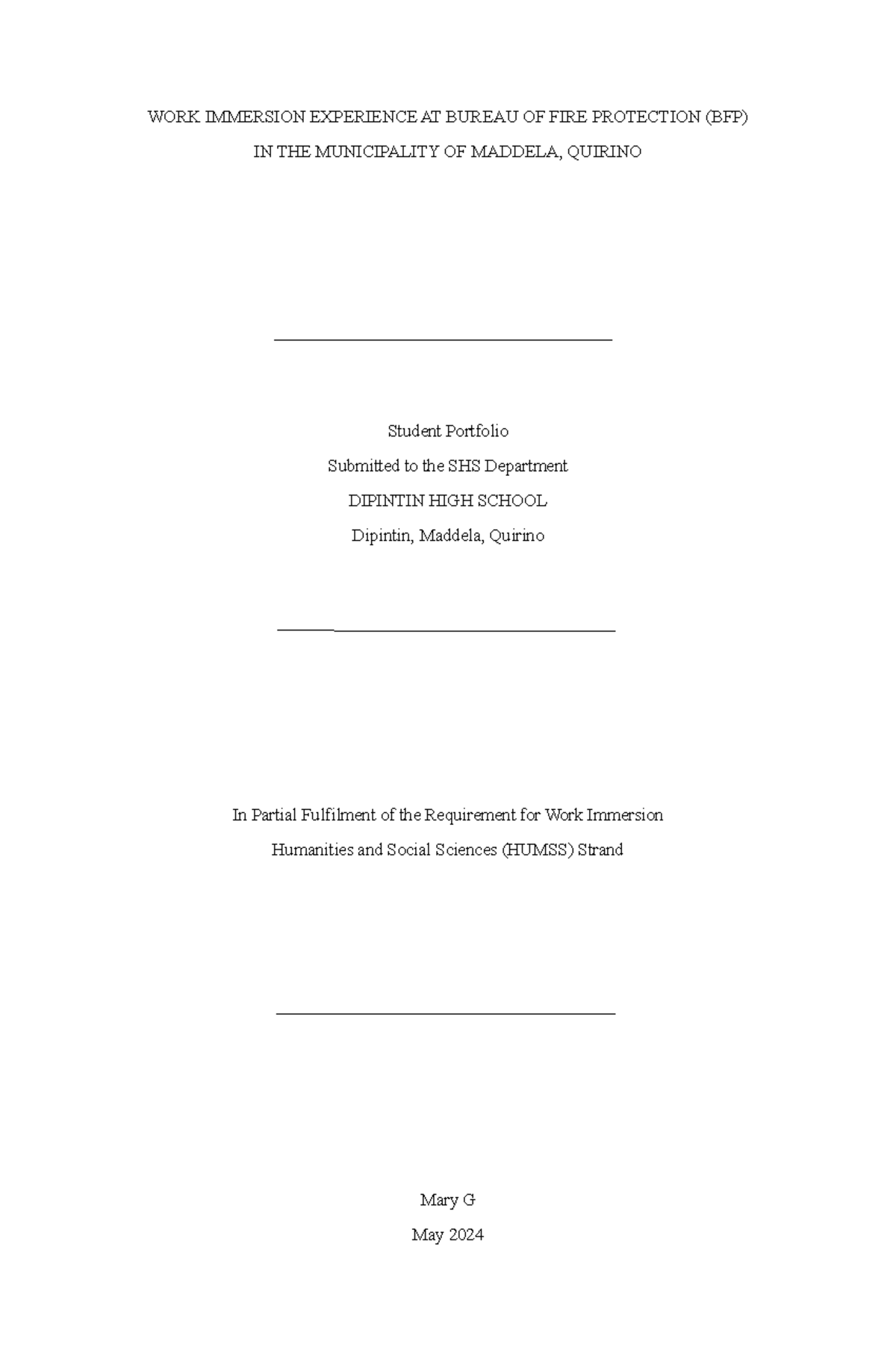 Portfolio - Work Immersion Experience at BFP (HUMSS Strand) - Studocu