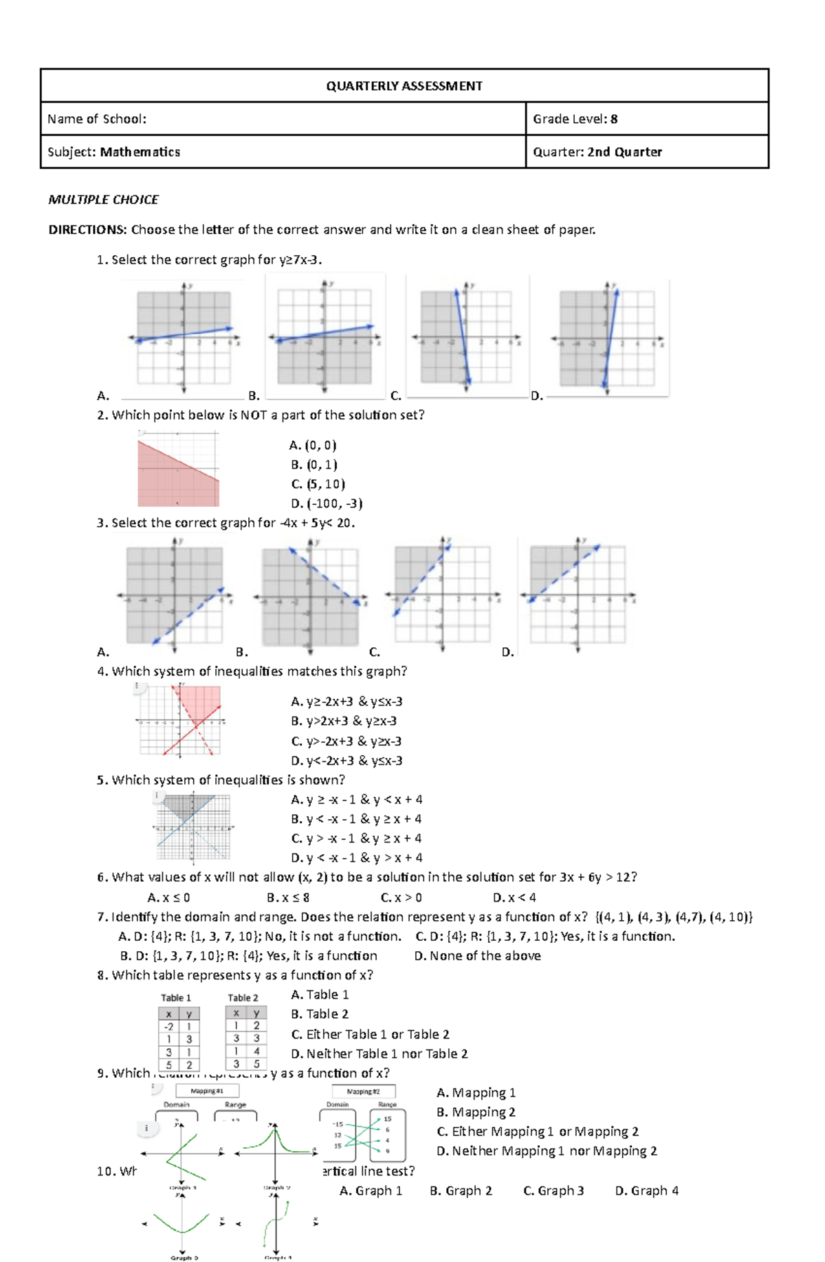 Math8 Q2 - Quarterly Test in Mathematics with Multiple Choice Questions ...