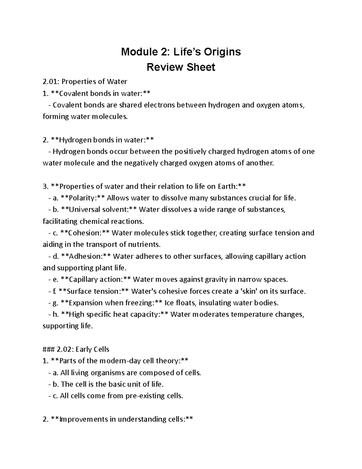 Module 2 Review: Life's Origins and Cellular Functions Insights - Studocu