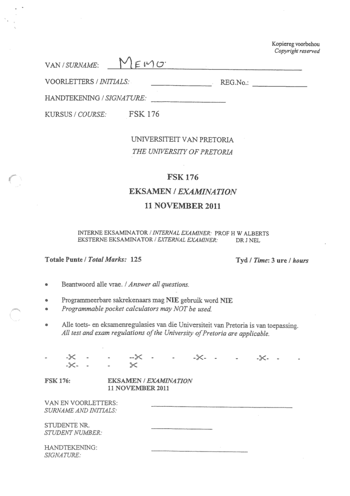 FSK 176: EKSAMEN / EXAMINATION 2011 - Golwe en Beweging - Studocu