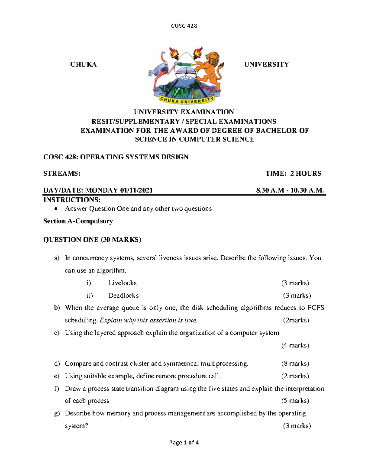 COSC 428 - Past Papers on Operating Systems Design Exam Topics - Studocu