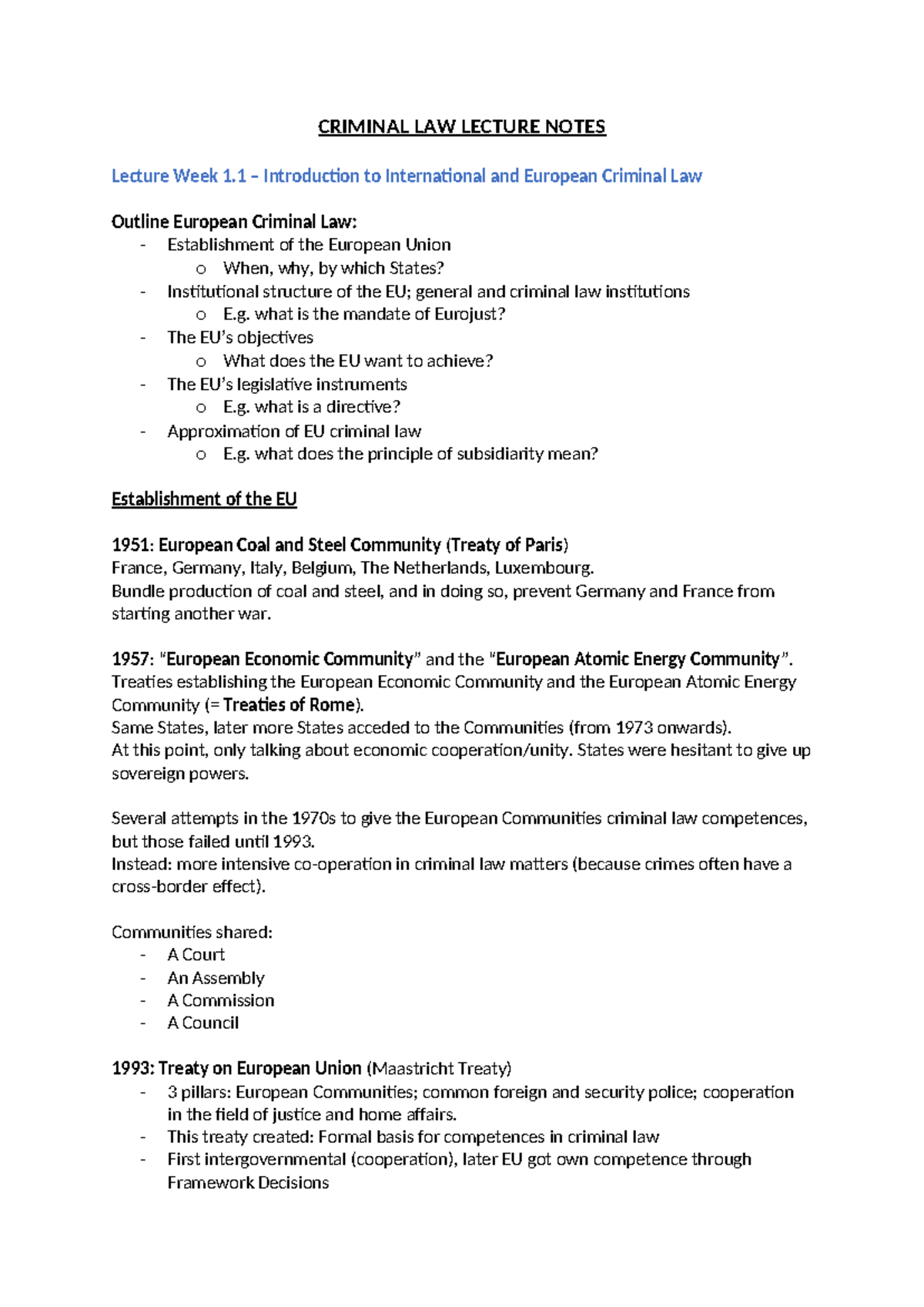 CRIMINAL LAW LECTURE NOTES: Intro to Int'l & EU Criminal Law (Week 1 ...