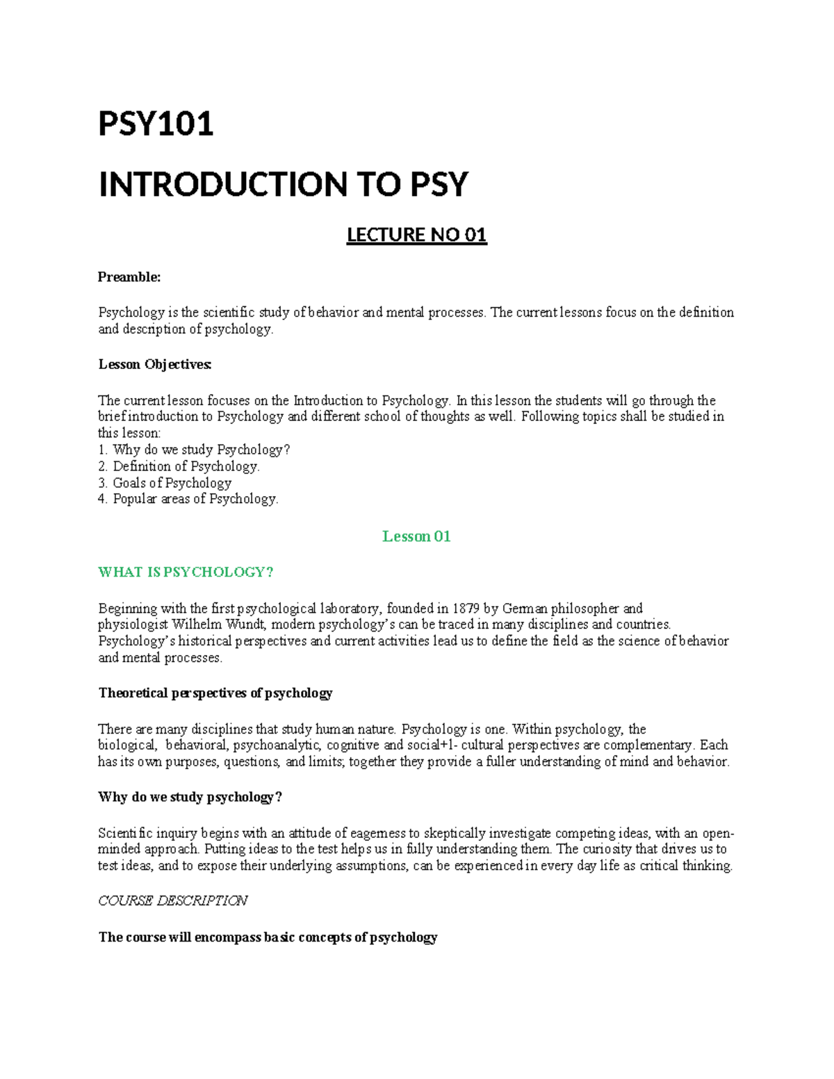 PSY101 INTRODUCTION TO PSY LECTURE NO 01: Understanding Psychology Basics - Studocu