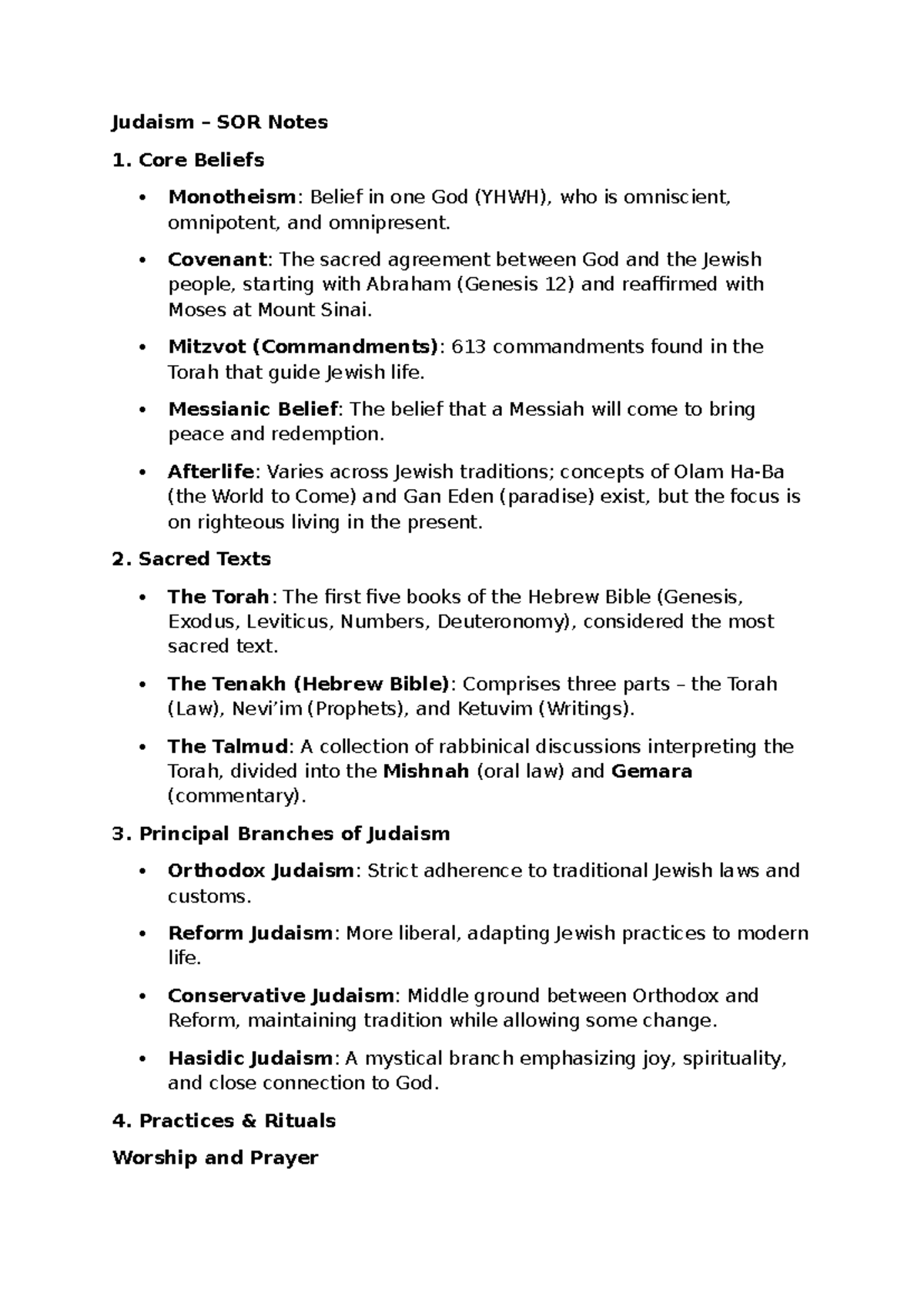Judaism SOR Final Exam Notes: Core Beliefs, Practices, and Teachings ...