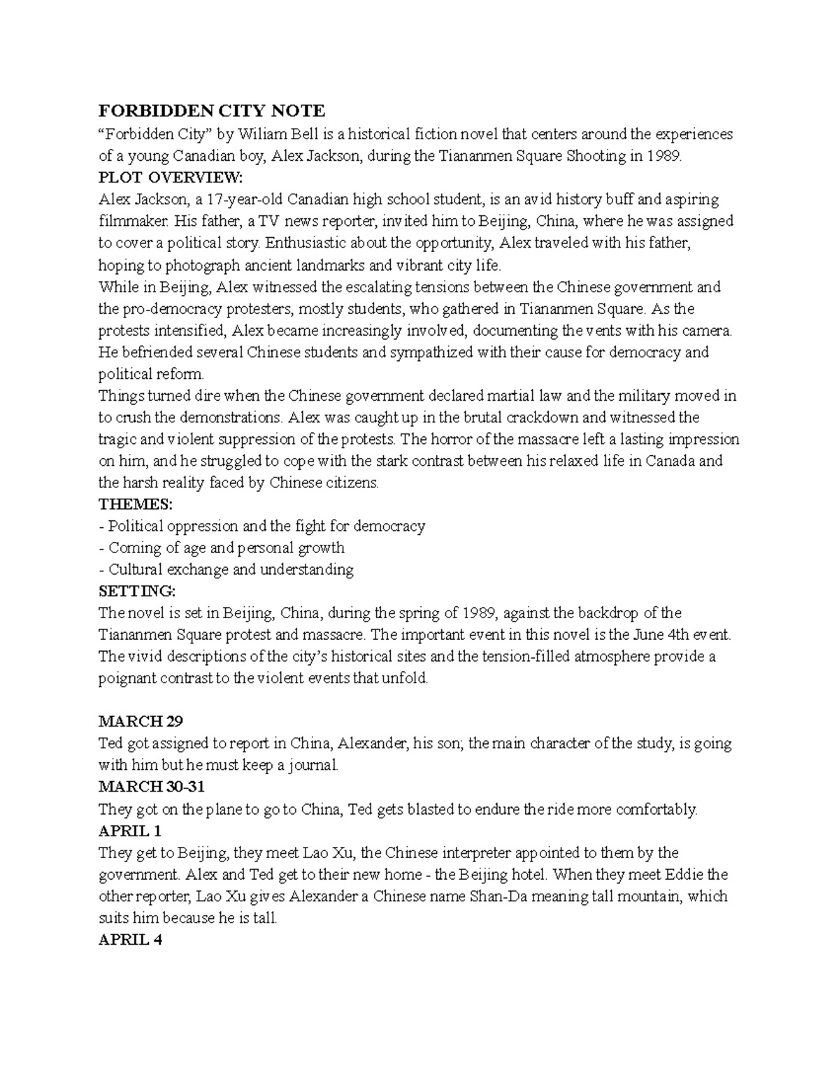 FORBIDDEN CITY NOTES: Exploring Themes in Bell's Historical Novel - Studocu