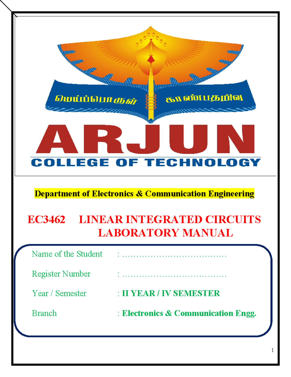 EC3462 Linear Integrated Circuits Laboratory Manual - Studocu
