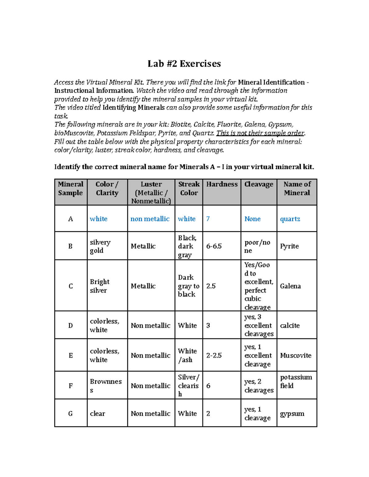 Geo 111 Lab 2 - geology lab - Lab #2 Exercises Access the Virtual Mineral Kit. There you will ...