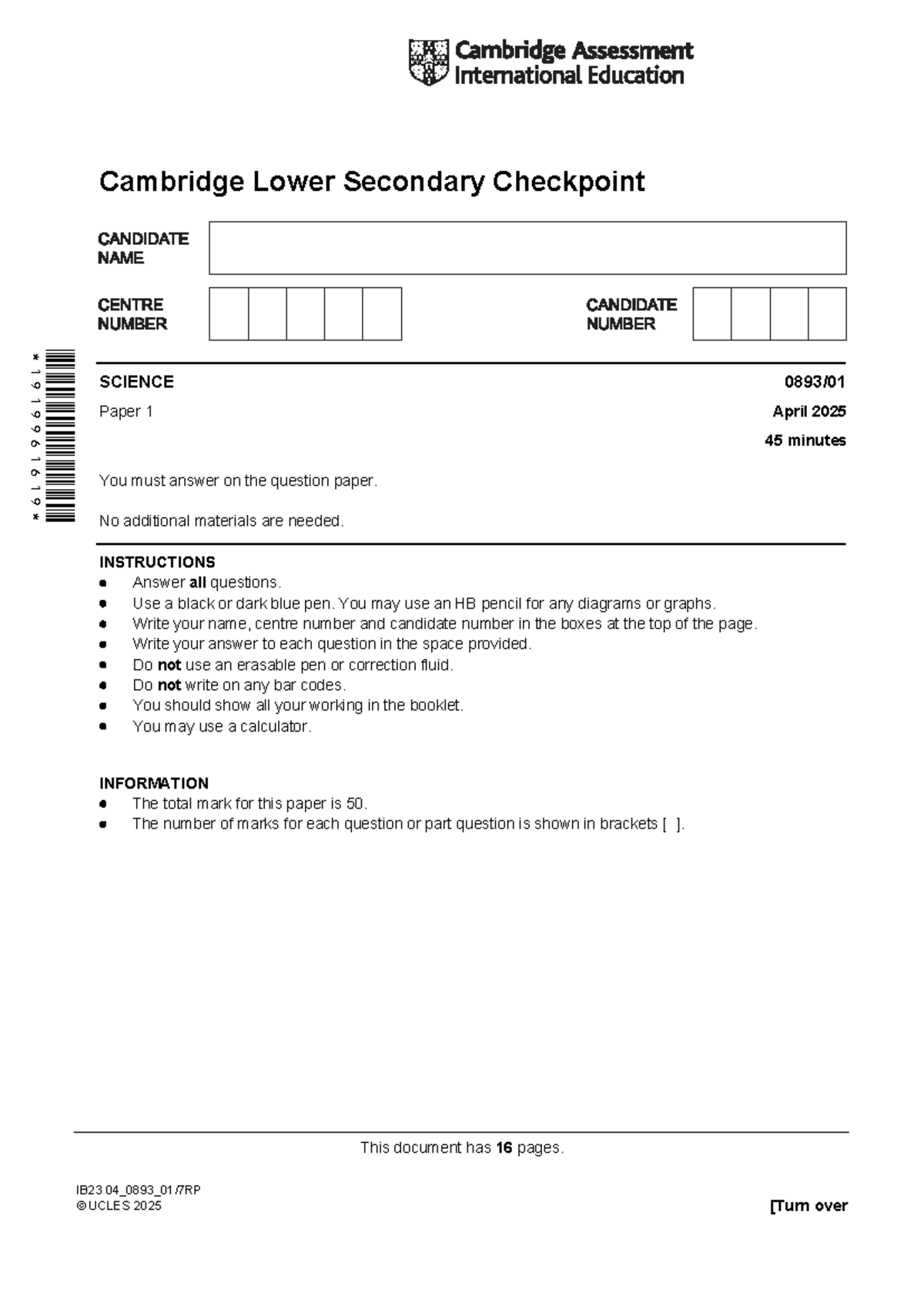 0893 Science Checkpoint Paper 1 - April 2025 (45 min) - Studocu