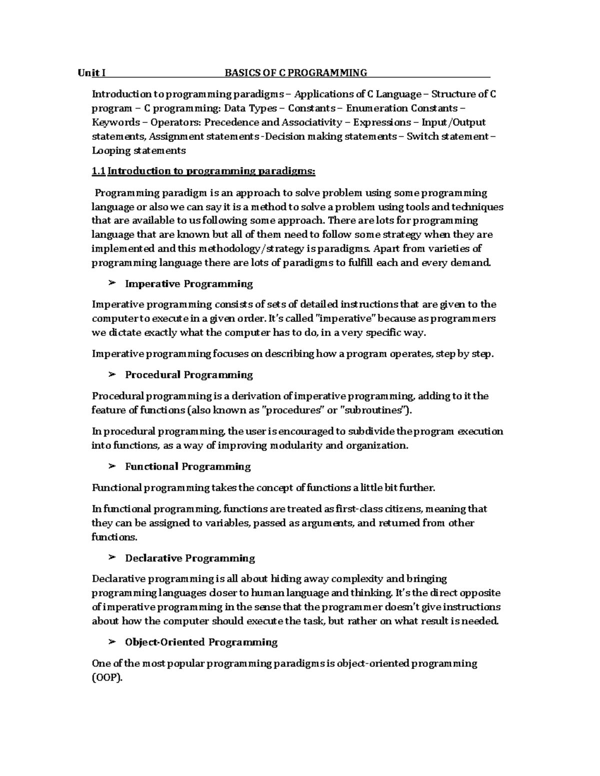 C Programming Basics: Unit I Overview and Key Concepts - Studocu