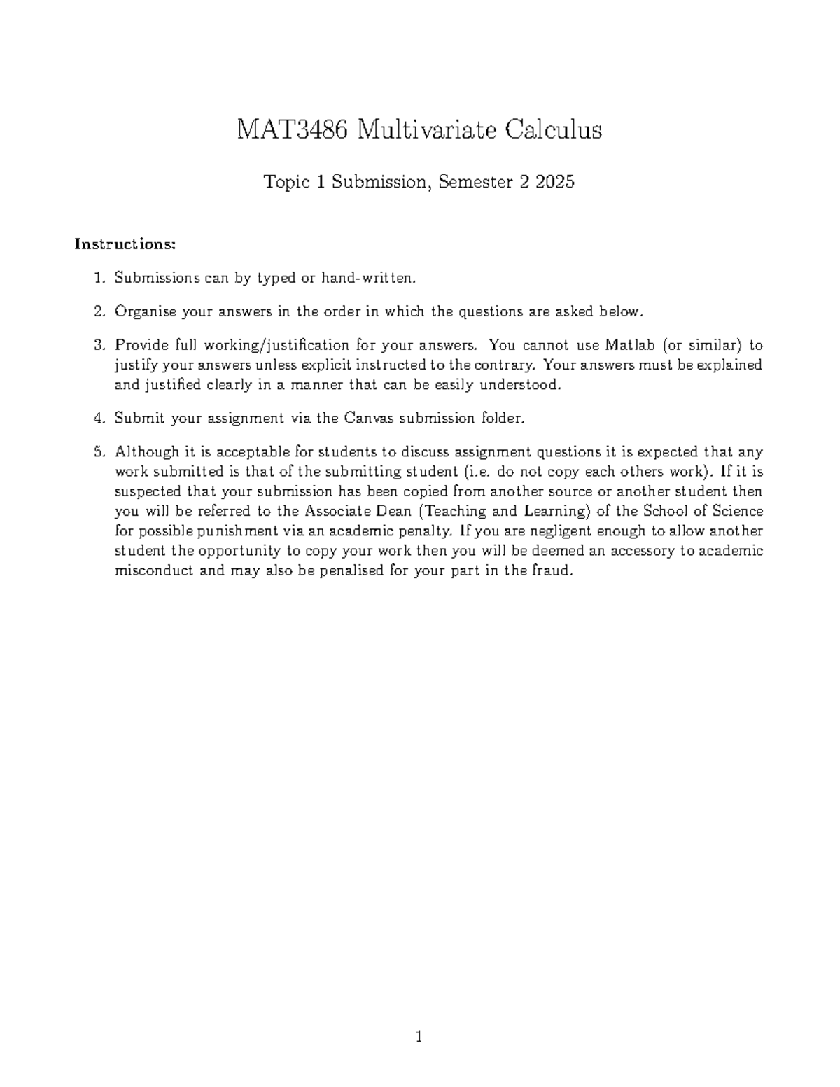 MAT3486 Multivariate Calculus Topic 1 Assignment Guidelines - Studocu