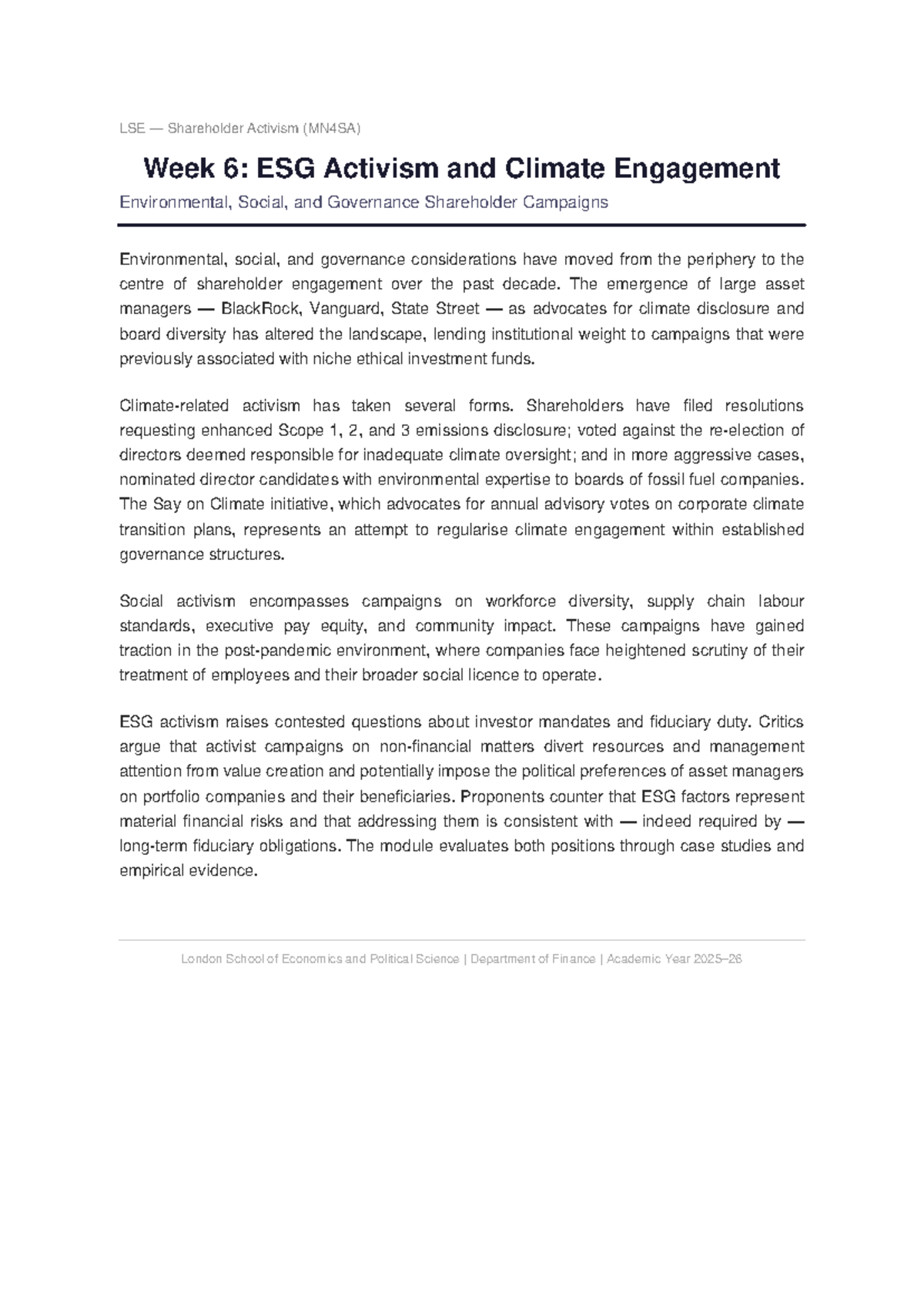 LSE Shareholder Activism (MN4SA) Week 6: ESG & Climate Engagement - Studocu