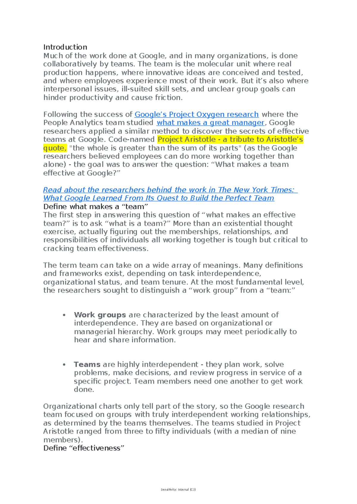 Project Aristotle (C3): Key Dynamics of Team Effectiveness at Google ...