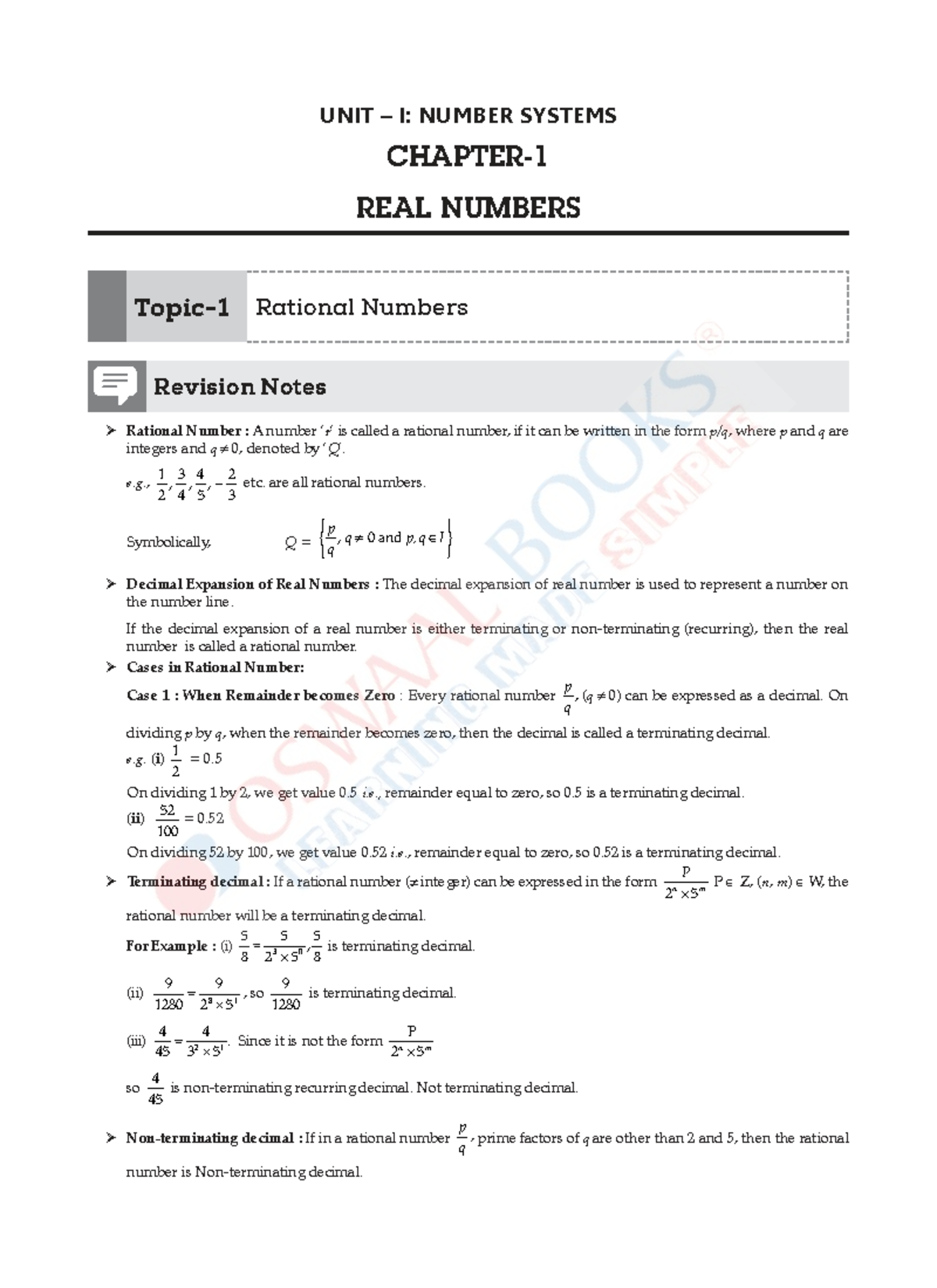 Oswaal CBSE Class 9 Mathematics Revision Notes for Unit I: Number ...