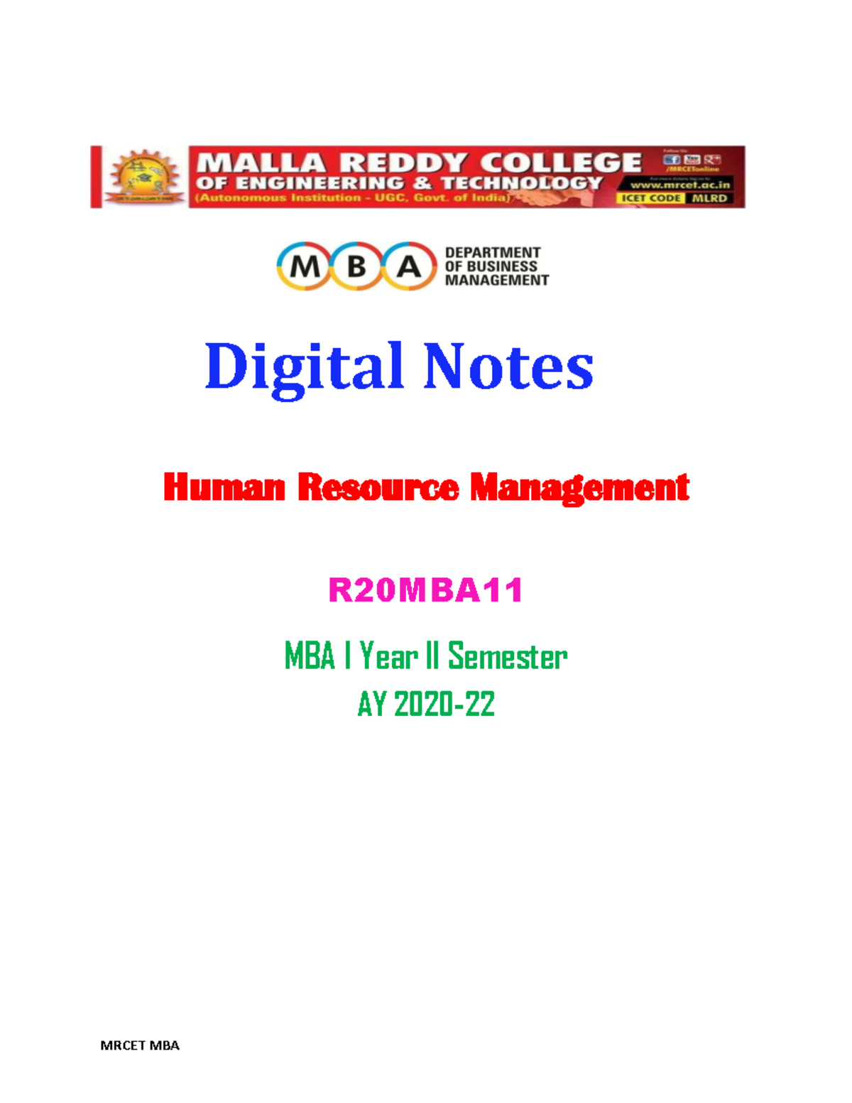 Digital Notes on Human Resource Management R20MBA11 - MBA I Year II Sem ...