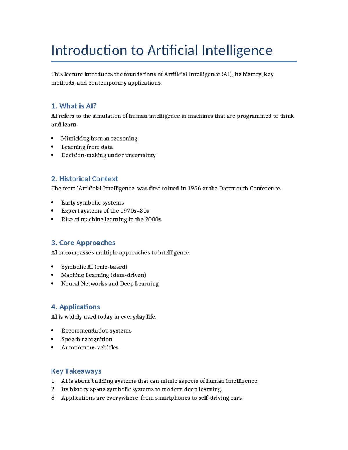 Lecture 1: Introduction to Artificial Intelligence Concepts and ...