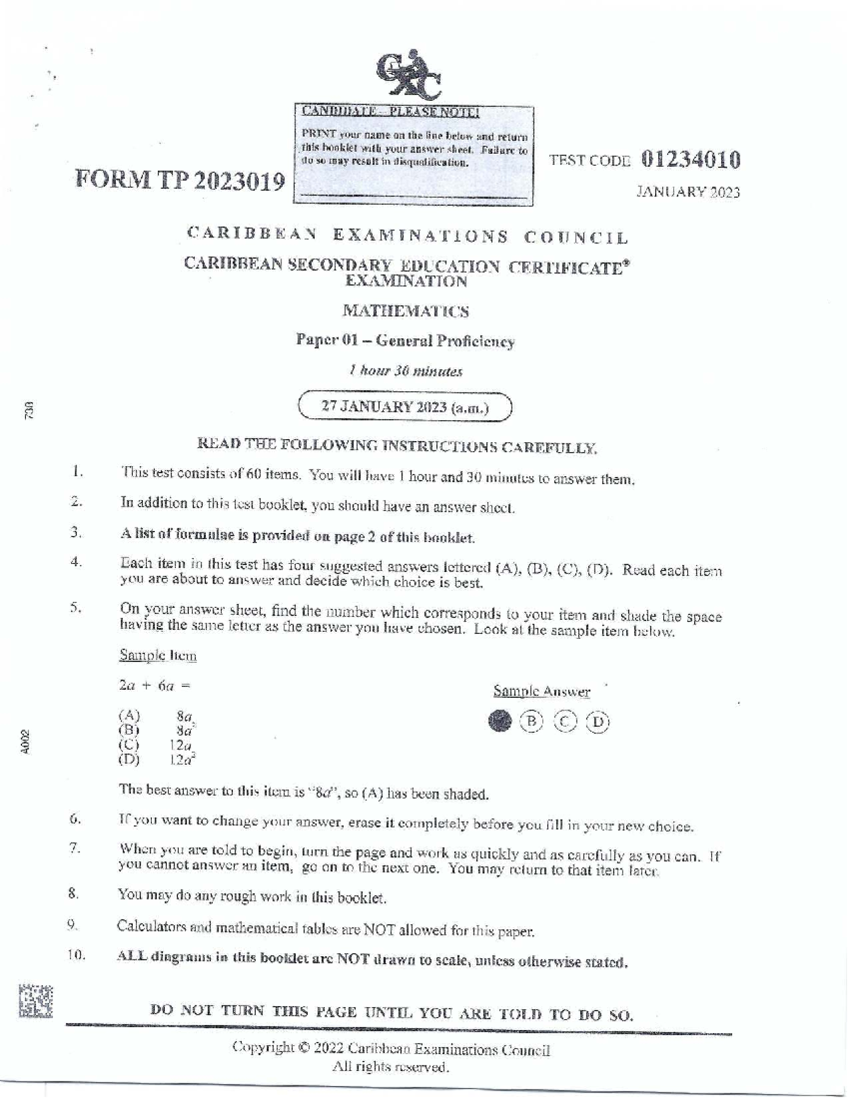 CSEC Mathematics Paper 01 - General Proficiency January 2023 - Studocu