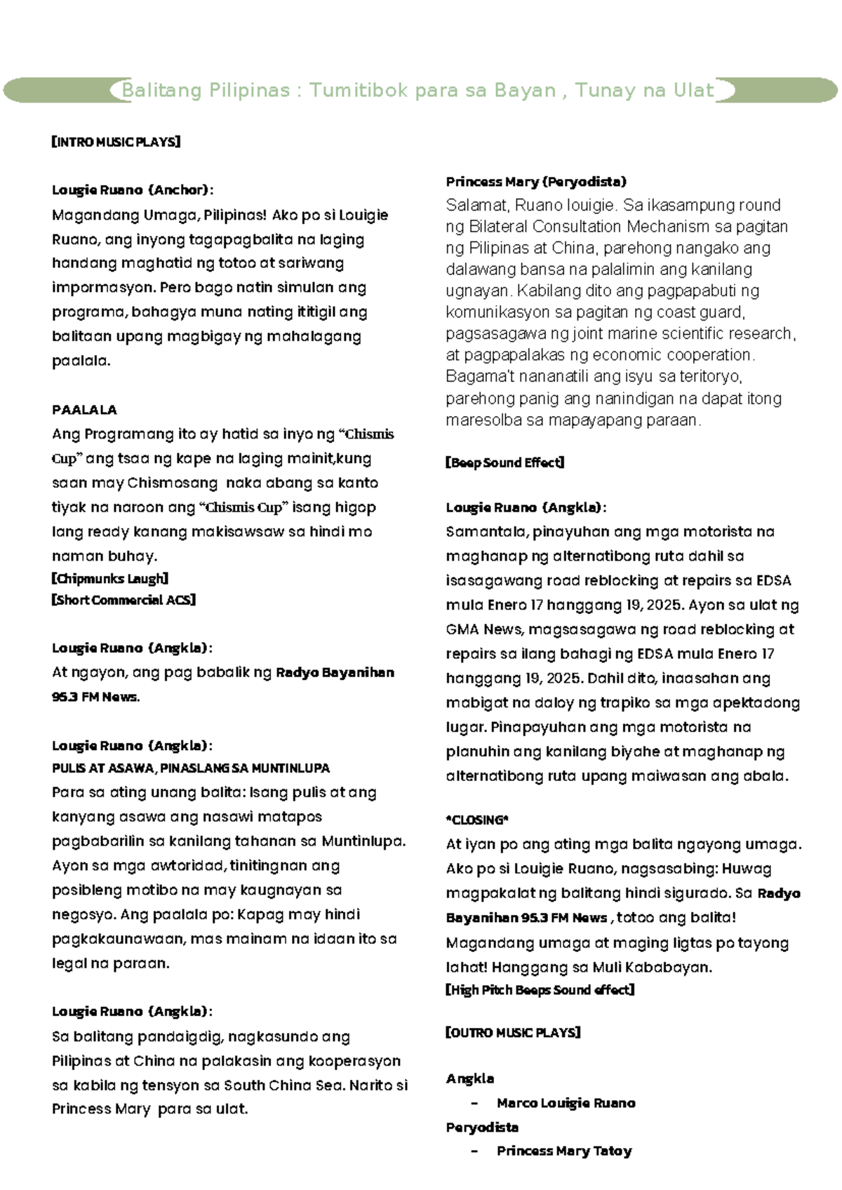Balitang Pilipinas: Radio Broadcasting Script by Lougie Ruano - Studocu