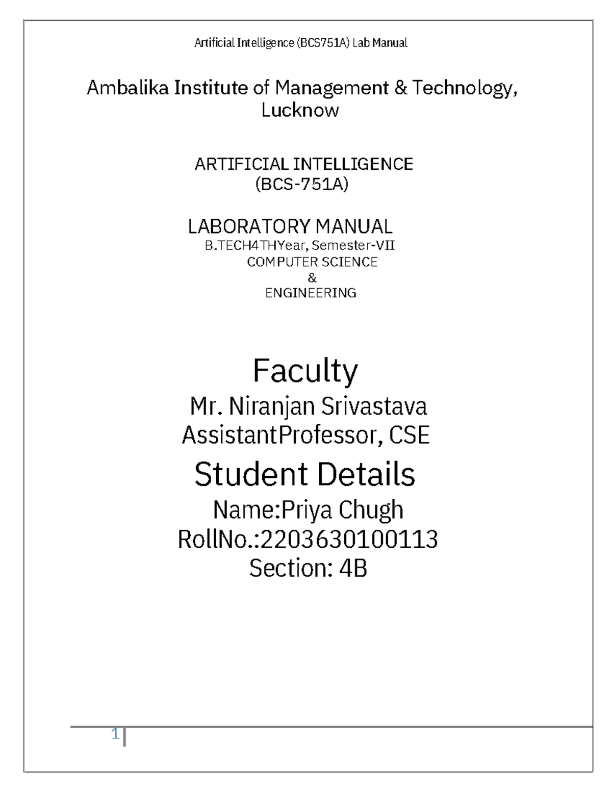 Artificial Intelligence (BCS751A) Lab Manual for B.Tech CSE Students ...