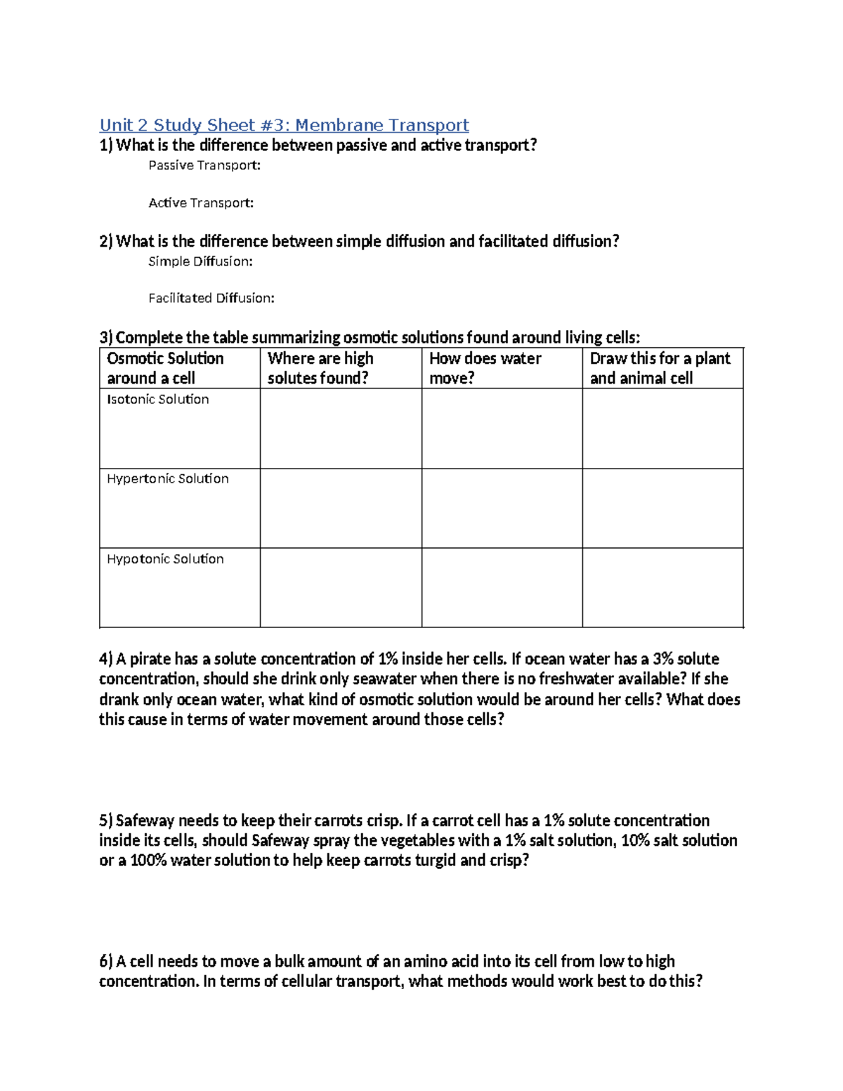 Unit 2 Study Sheet: Membrane Transport Concepts SP22 - Studocu